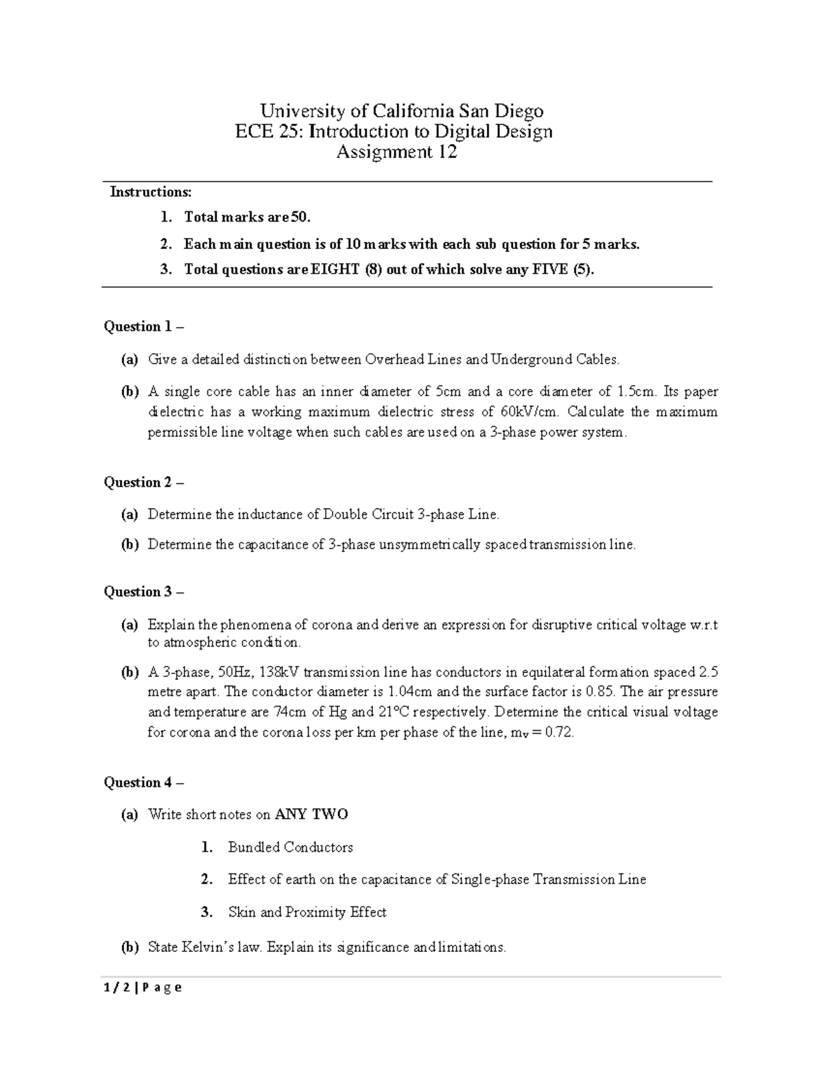 ECE 25 Assignment 12 - Power Transmission and Distribution (EE-241) End ...