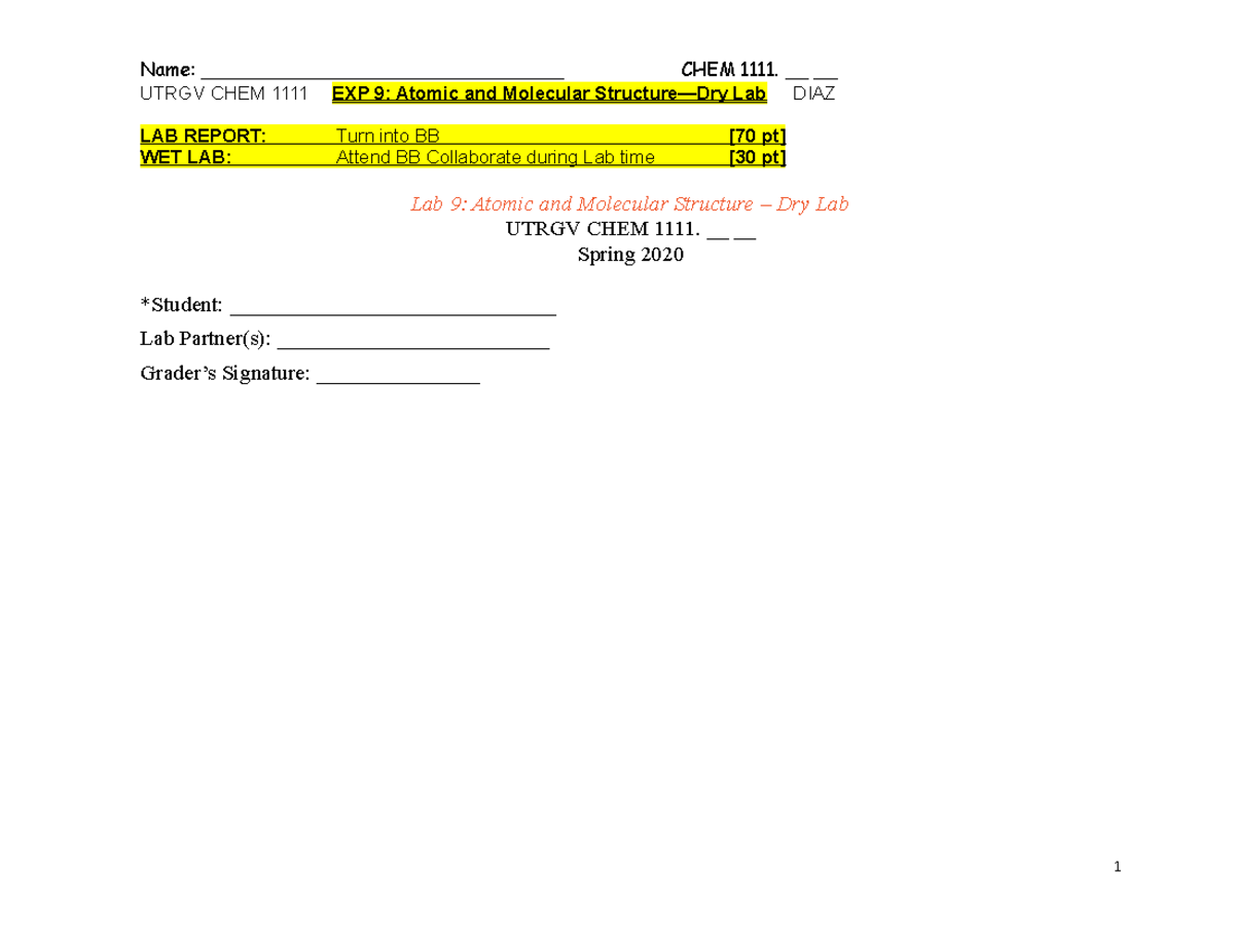 DIAZ LAB Report EXP9 Periodic Table - UTRGV CHEM 1111 EXP 9: Atomic and ...