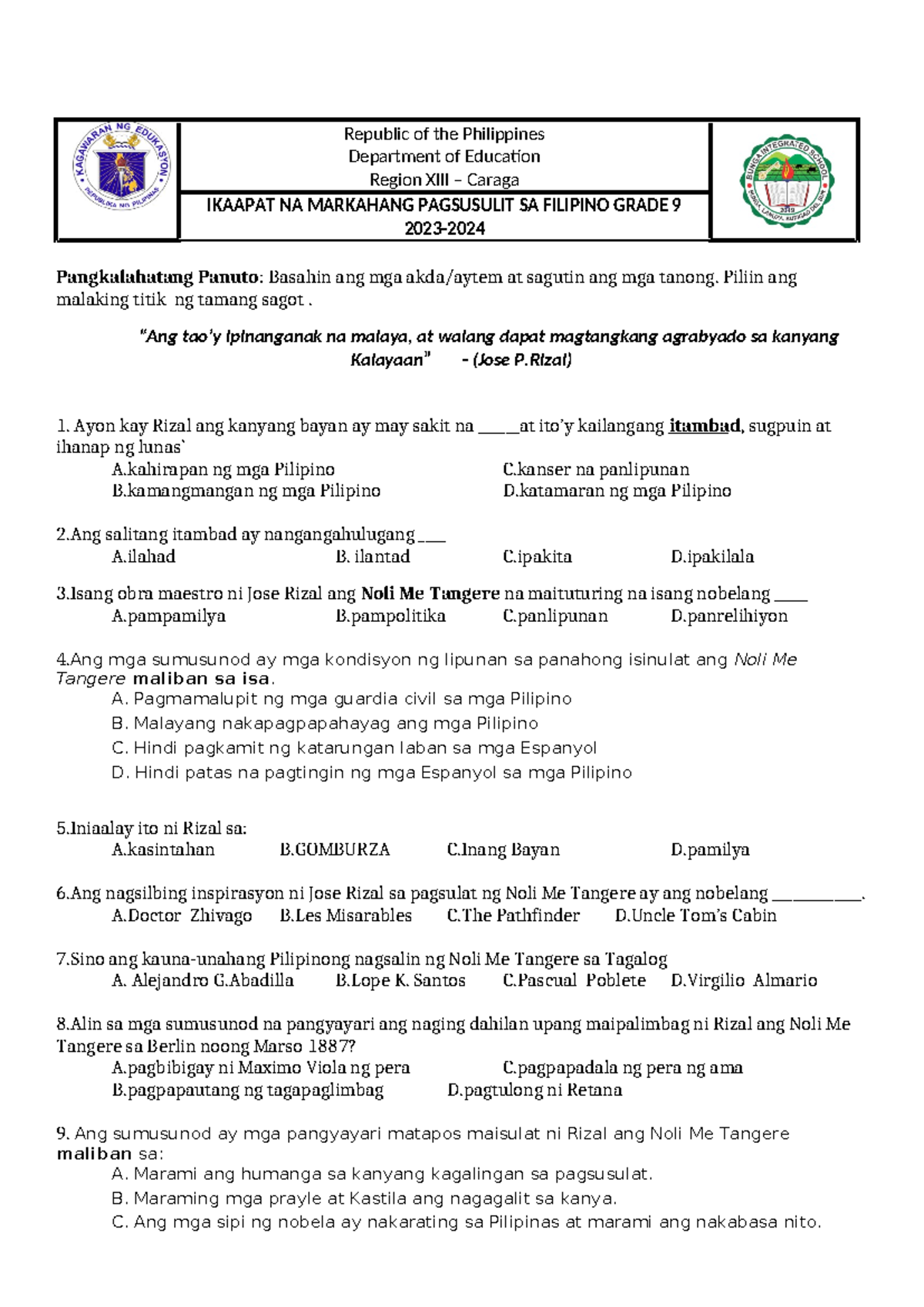 FIL-9 4TH Quarter Final EXAM - Republic of the Philippines Department ...