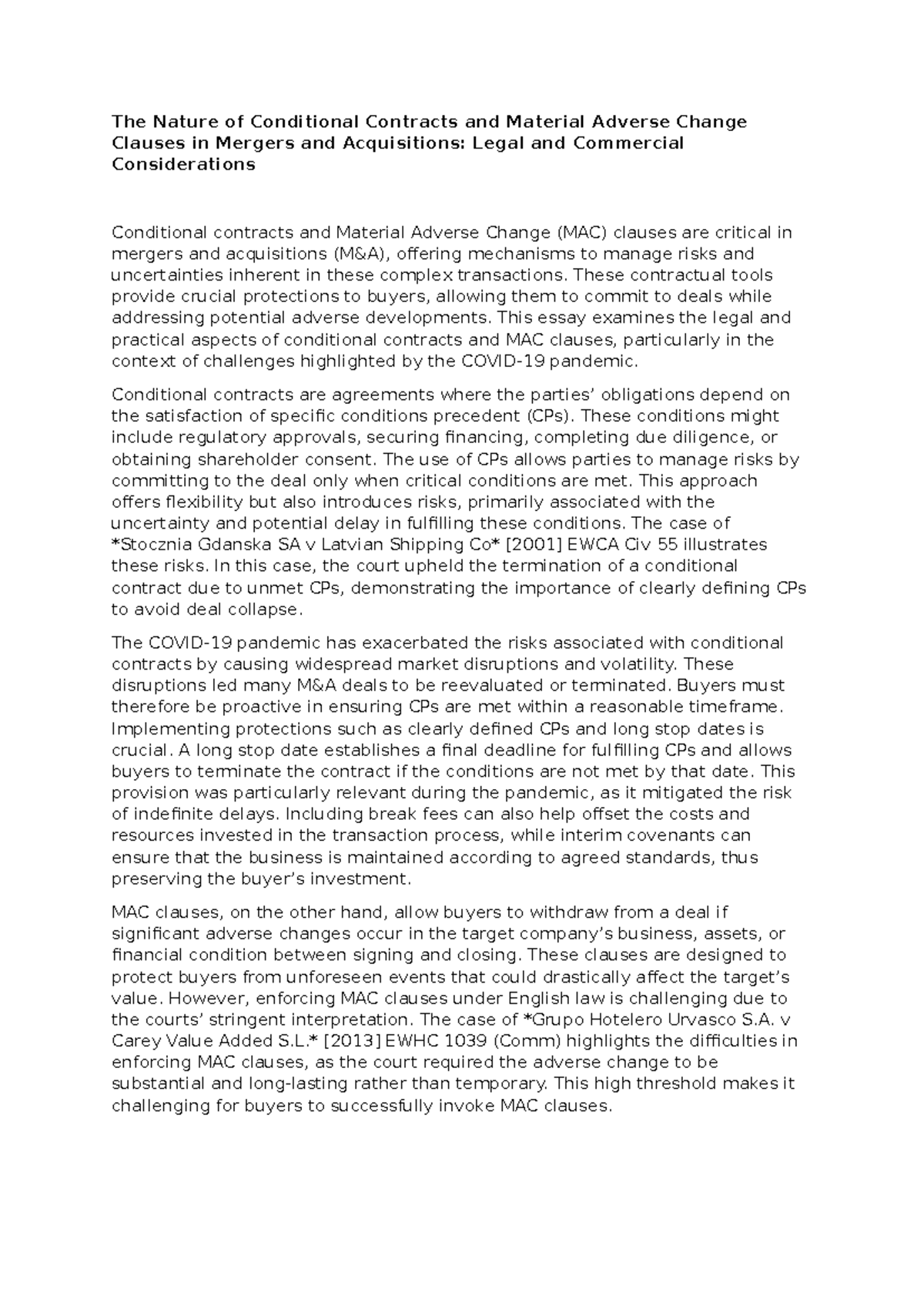 Conditionality - essay answer - The Nature of Conditional Contracts and ...