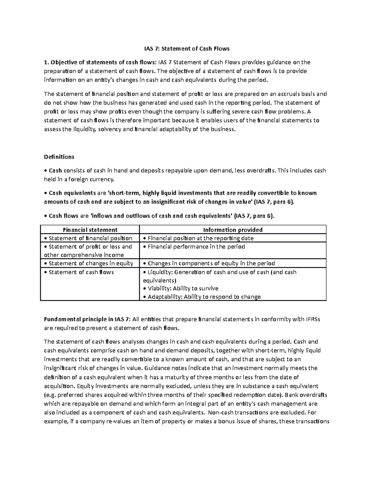 IAS 7 IAS 7 Statement Of Cash Flows Objective Of Statements Of Cash