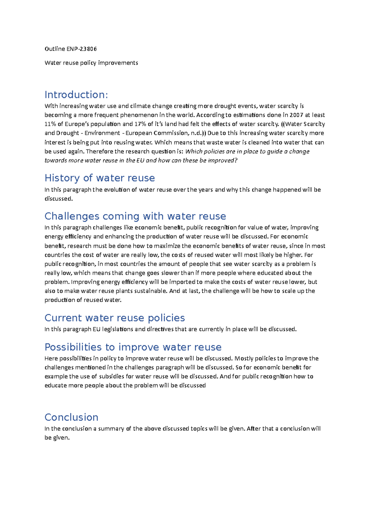 Water policy outline - Outline ENP- Water reuse policy improvements ...