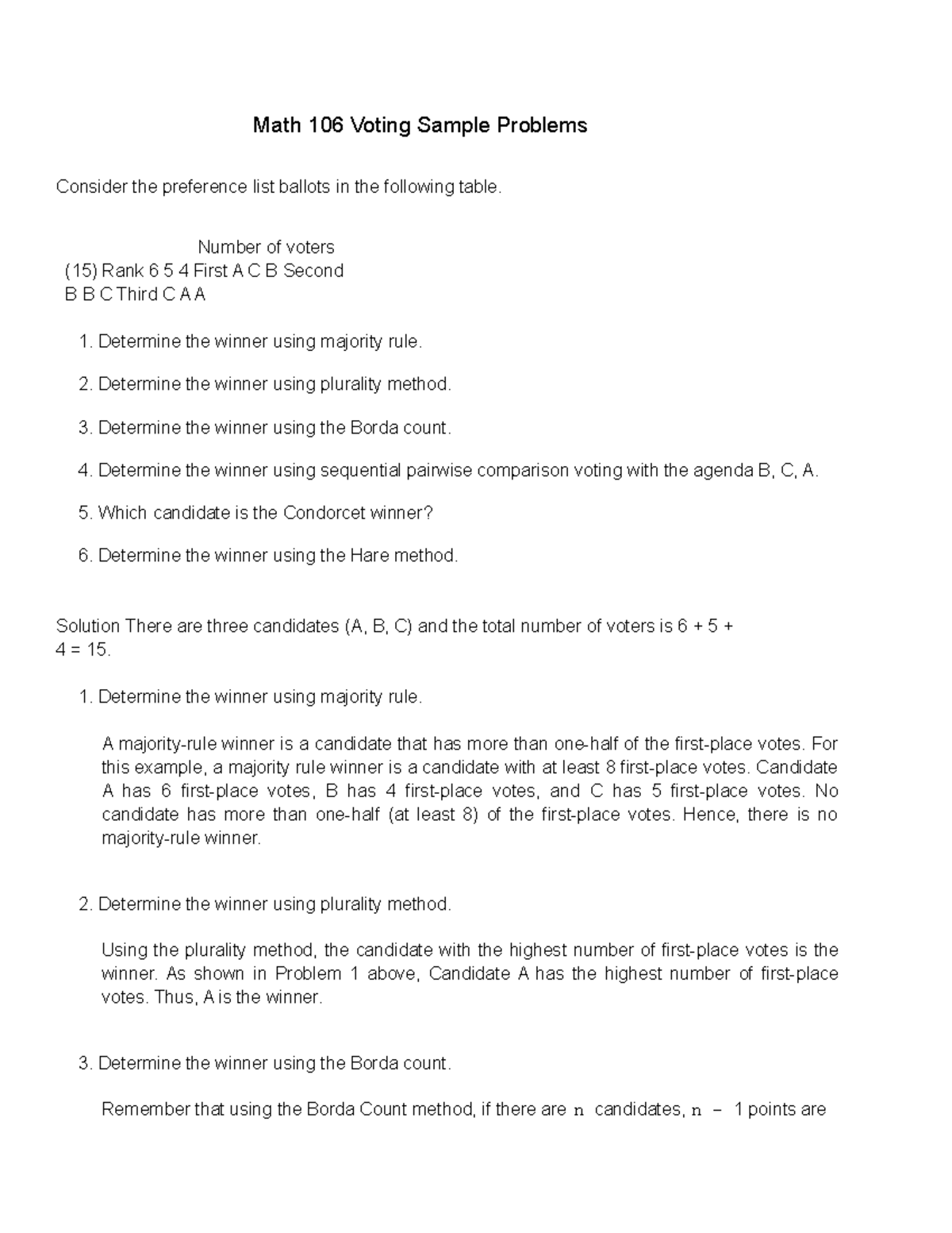 Chapter 9 Sample Problems - Math 106 Voting Sample Problems Consider ...