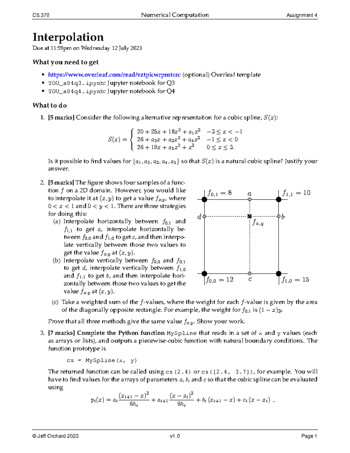 A4 Questions Assignment 4 Cs 370 Numerical Computation Assignment 4 Interpolation Due At 11 