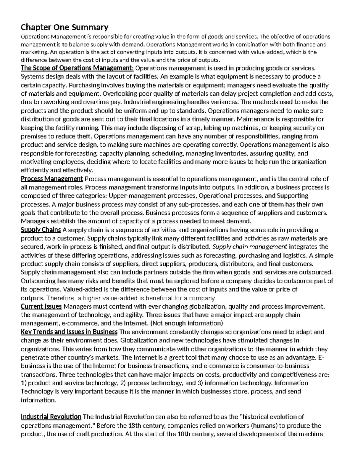 Chapter One Summary - Bba - Chapter One Summary Operations Management ...