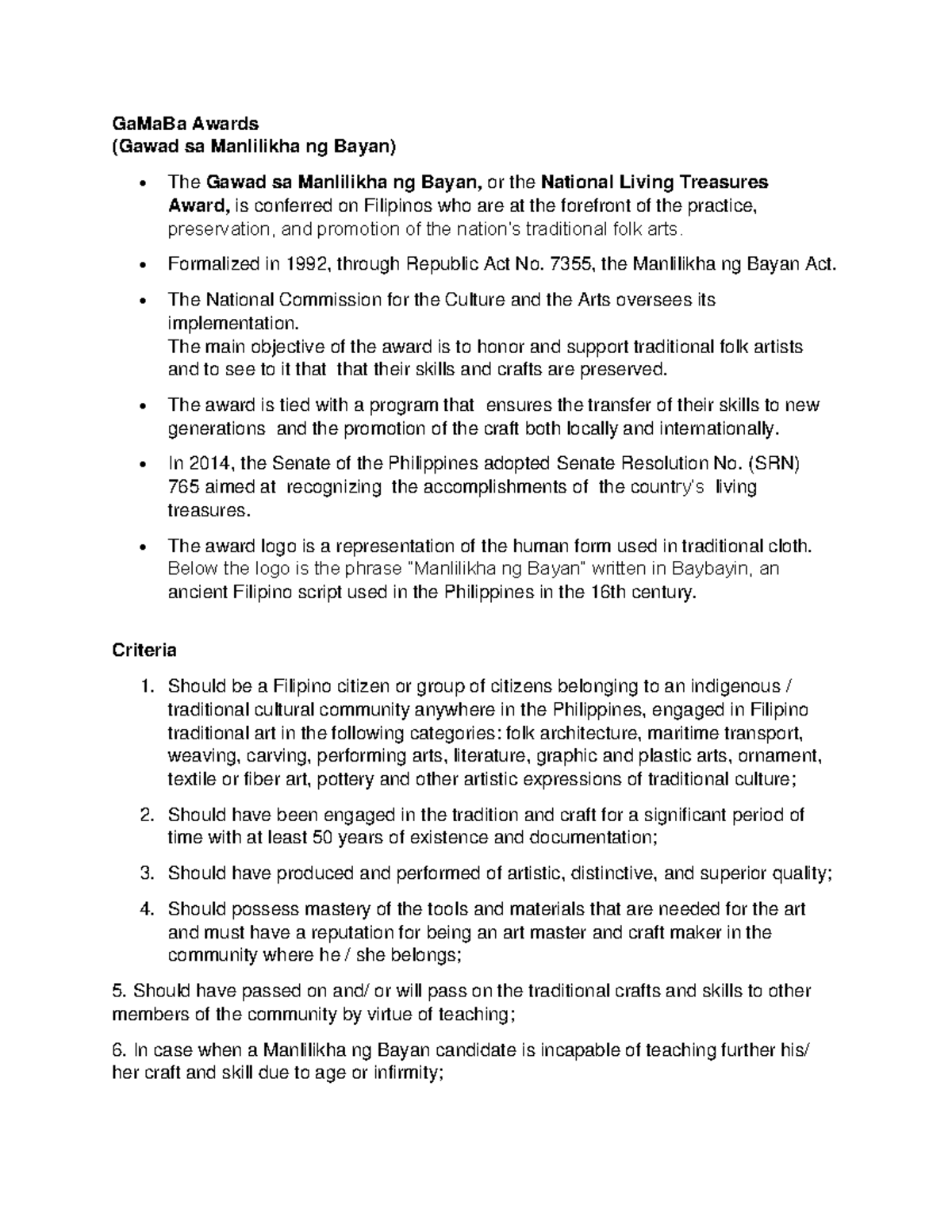 Ga Ma Ba Awards - Lecture notes 1 - GaMaBa Awards (Gawad sa Manlilikha ...