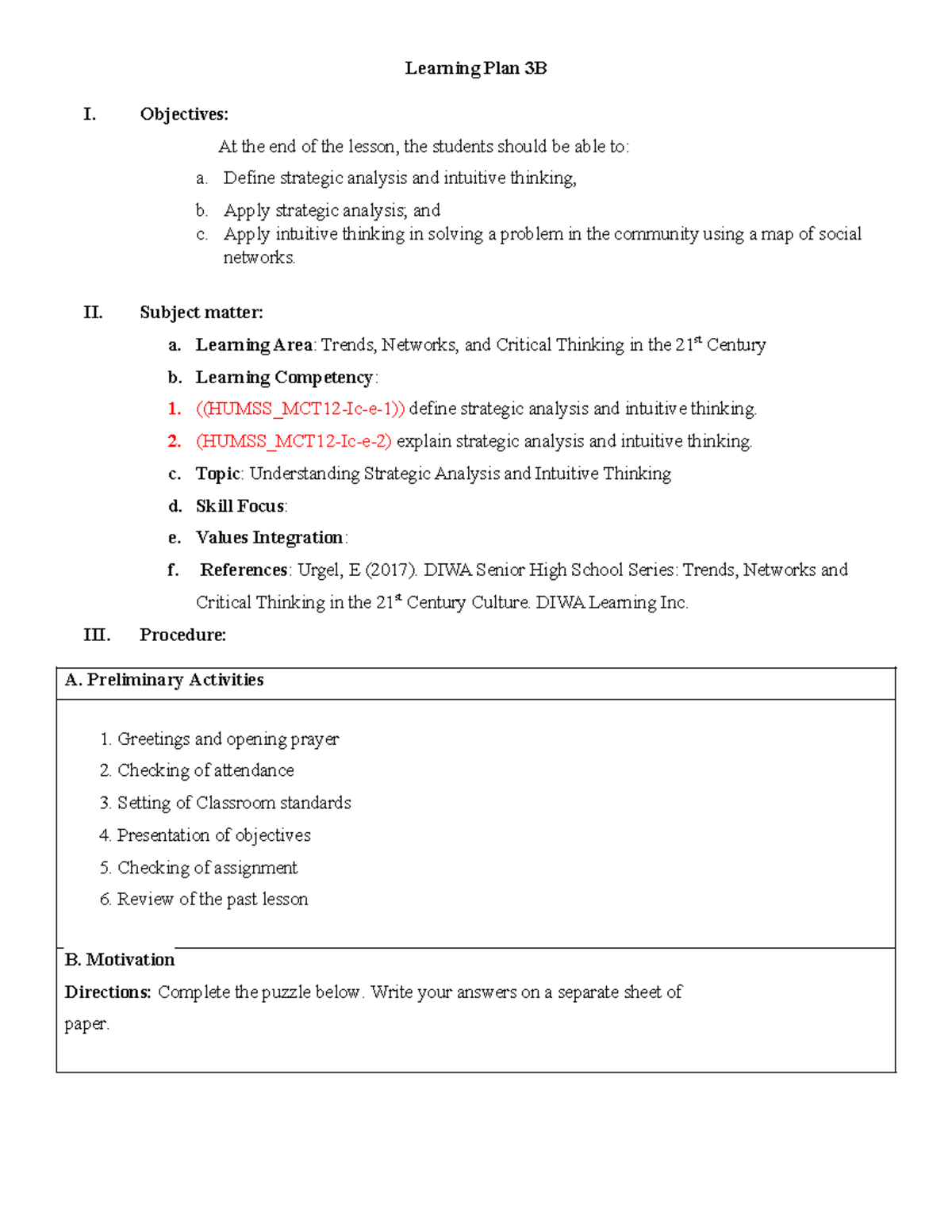 Learning Plan 3- B - okies - Learning Plan 3B I. Objectives: At the end ...