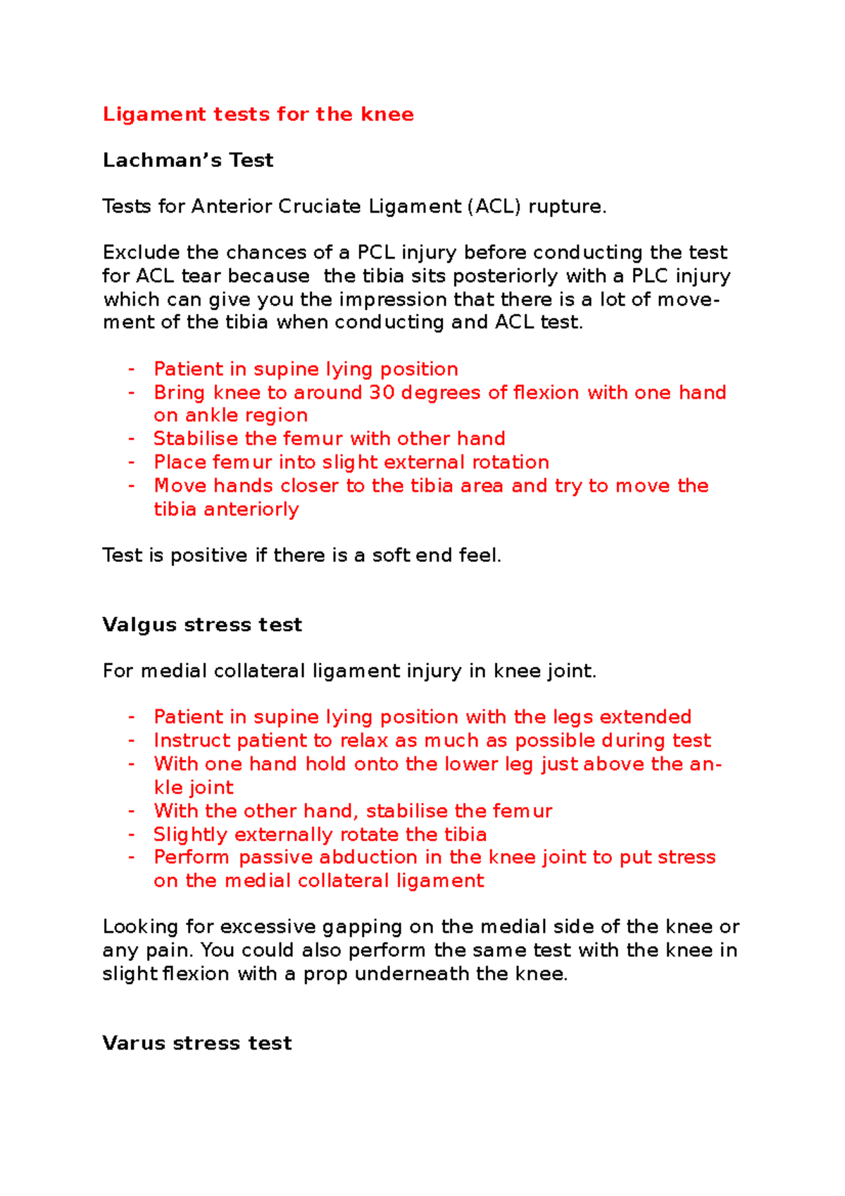 Ligament tests for the knee - Ligament tests for the knee Lachman’s ...