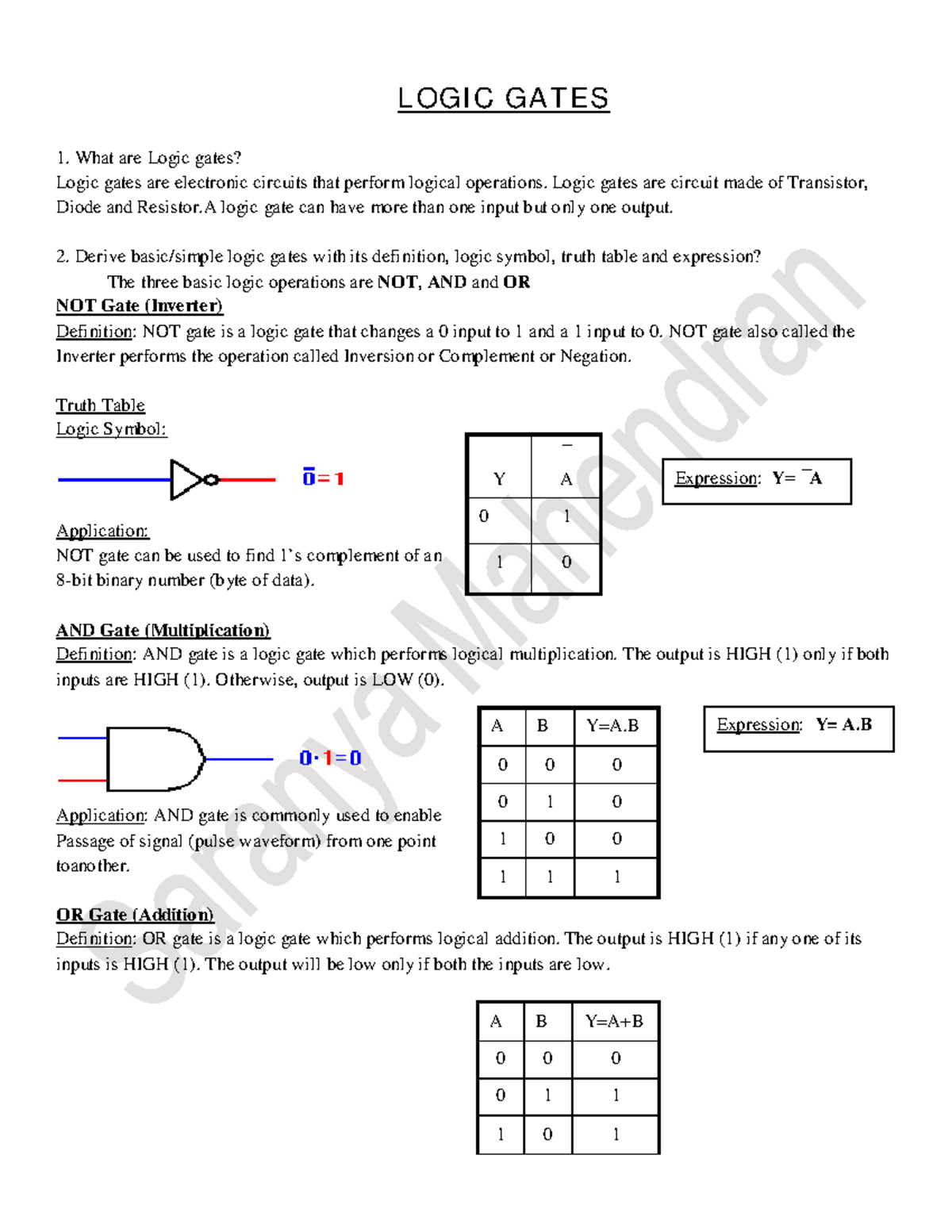 Elect Logic Gates Lecture Notes 1 LOGIC GATES 1 What Are Logic