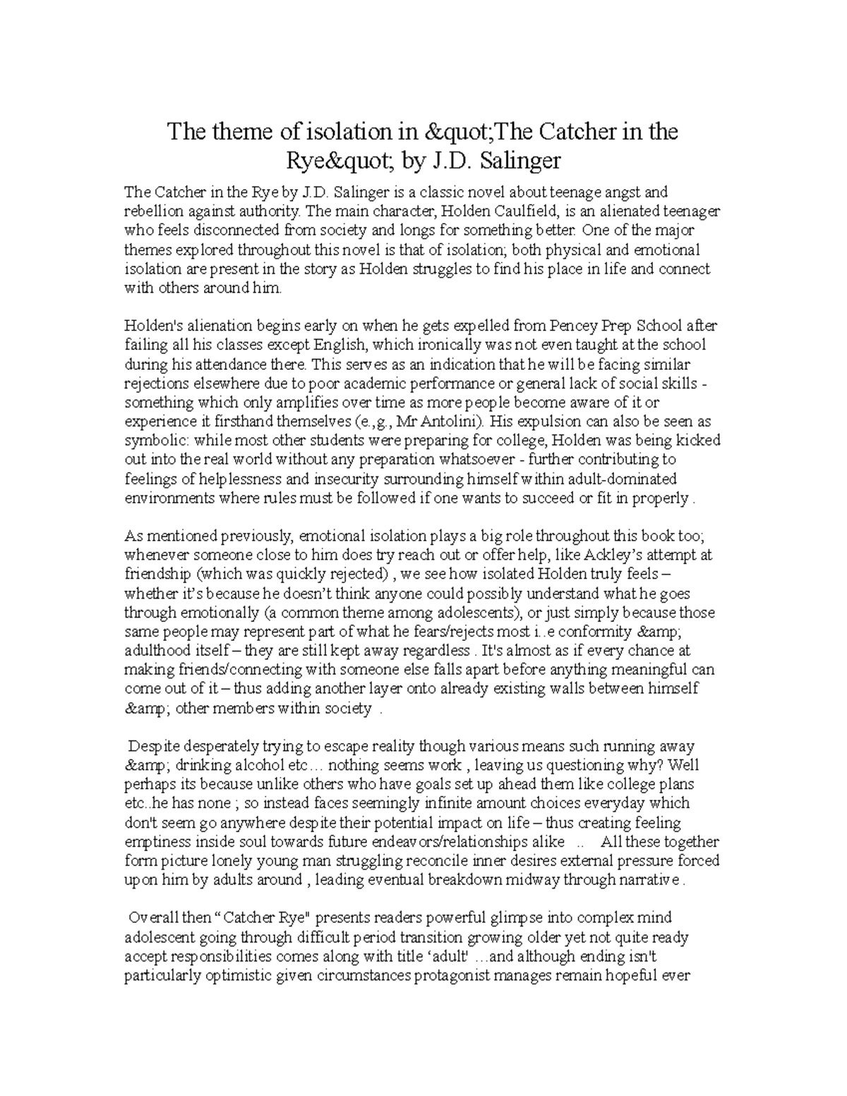 The Theme of Isolation in Catcher in the Rye - Studocu