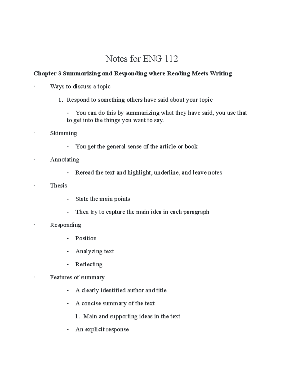 ENG 112 Notes - Notes for ENG 112 Chapter 3 Summarizing and Responding ...