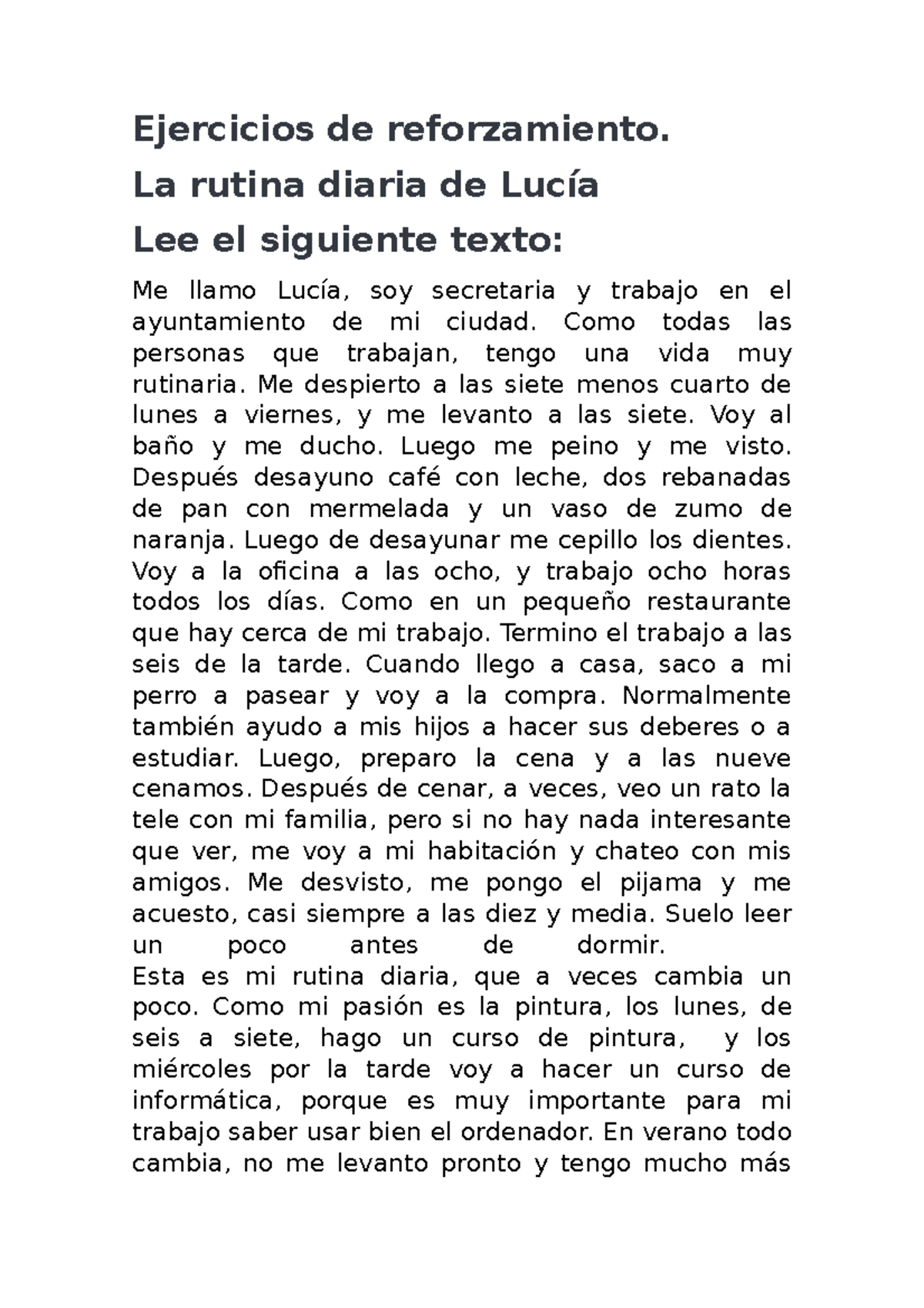 Comprensión de lectura la rutina de Lucía - Ejercicios de reforzamiento ...