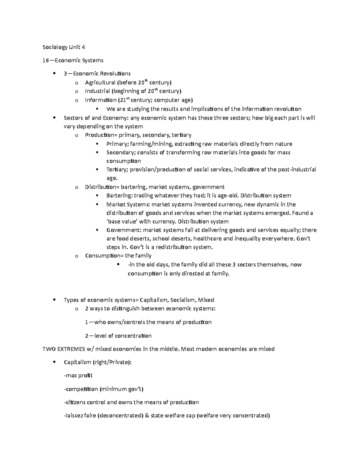 Soci notes unit 4 - Sociology Unit 4 16—Economic Systems 3—Economic ...