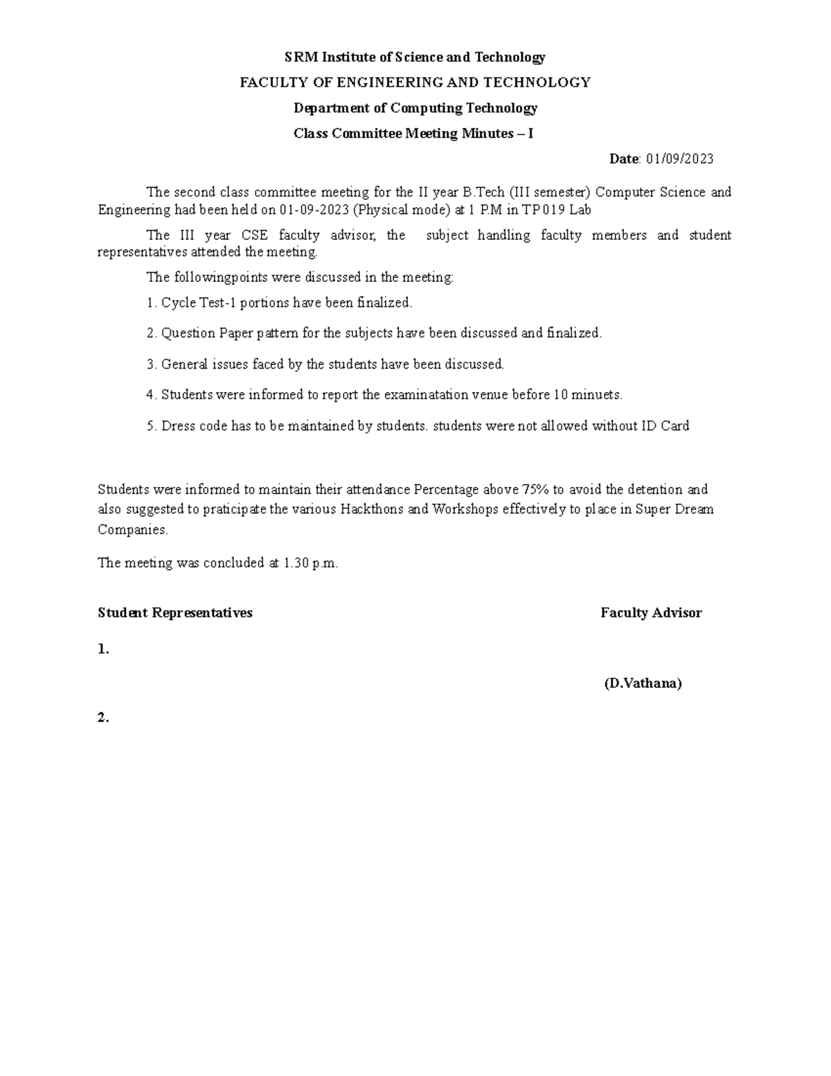 Class Committee Meeting Minutes – I - SRM Institute of Science and ...