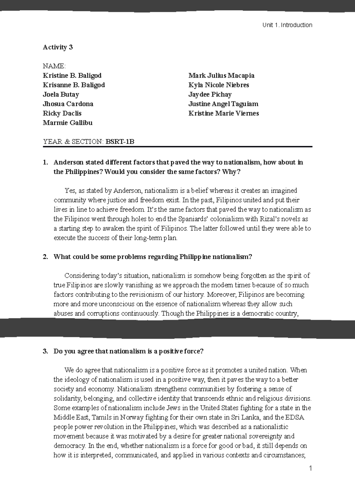 Activity 4 - mnmnm] - Unit 1. Introduction Activity 3 NAME: Kristine B ...