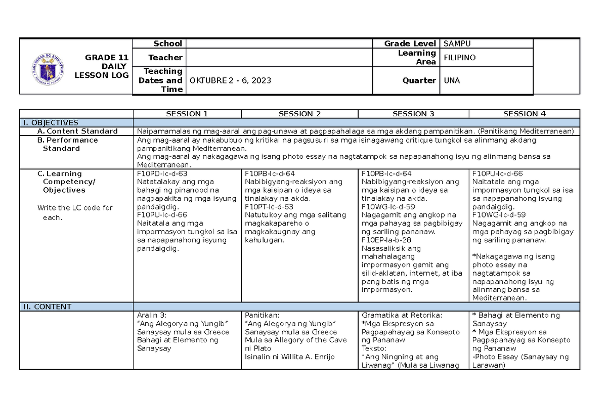 3. FIlipino 10 - Copy - DLL - GRADE 11 DAILY LESSON LOG School Grade ...