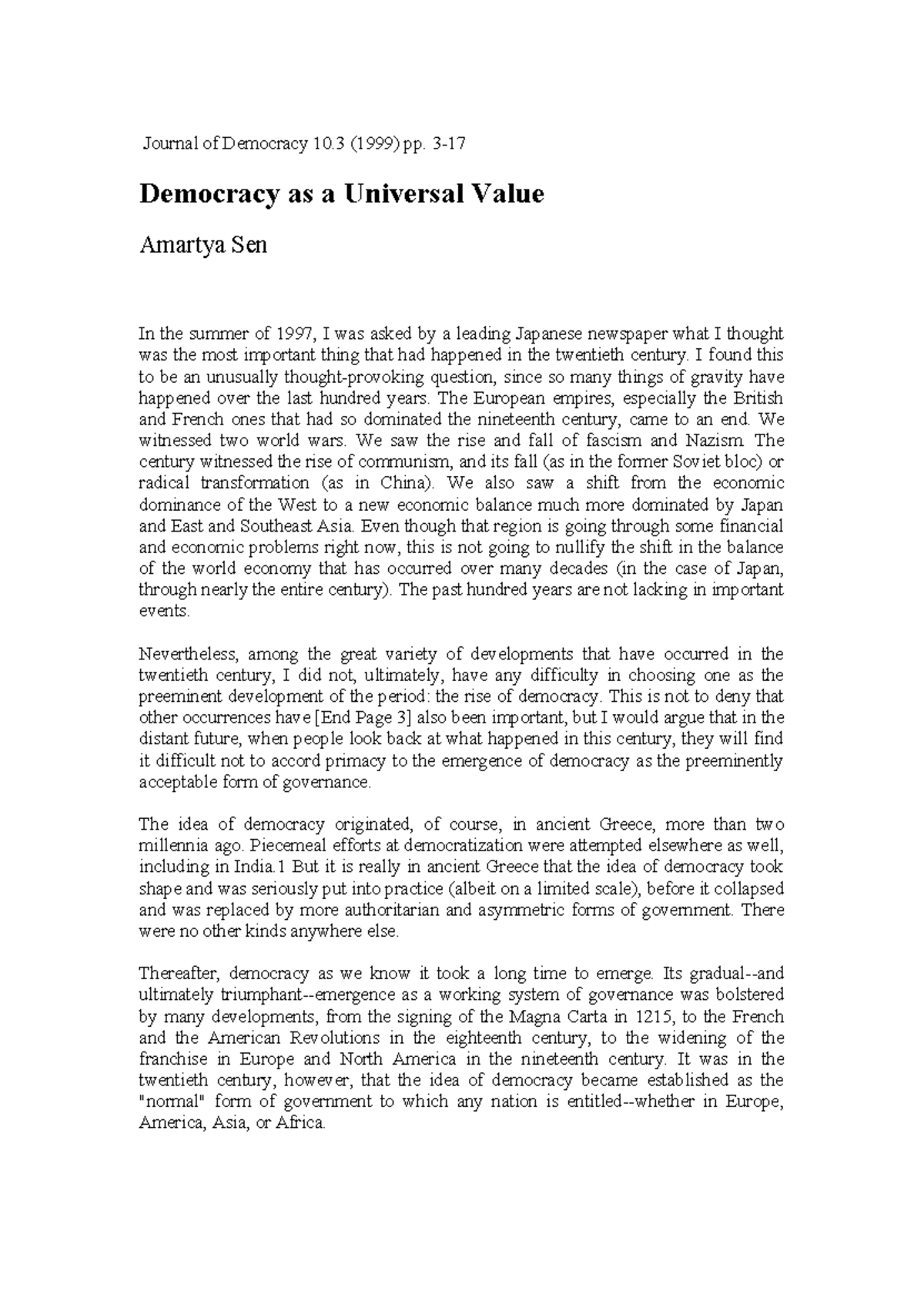 Amartya Sen on Democracy - Journal of Democracy 10 (1999) pp. 3 ...