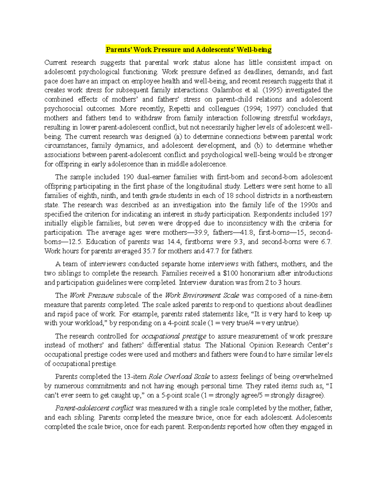 Parenting HW - Parents’ Work Pressure and Adolescents’ Well-being ...