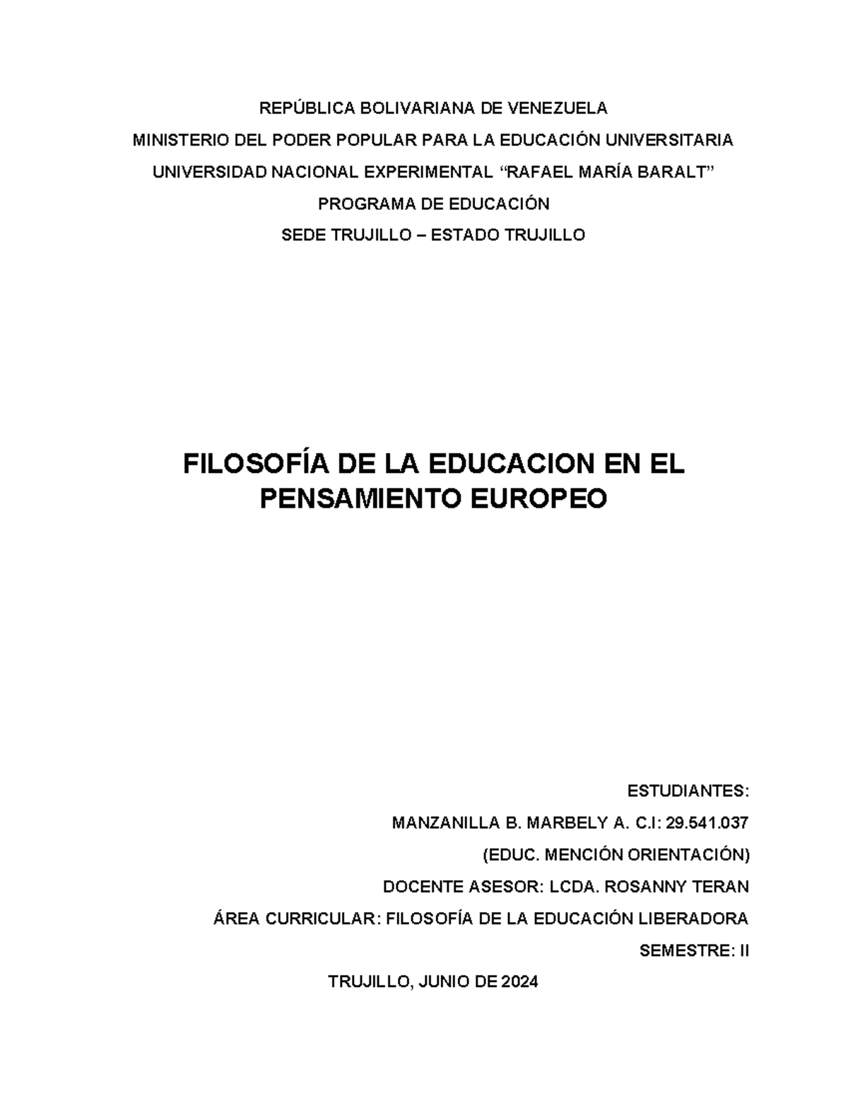 Filosofía DE LA Educacion EN EL Pensamiento Europeo. Marbely Manzanilla ...