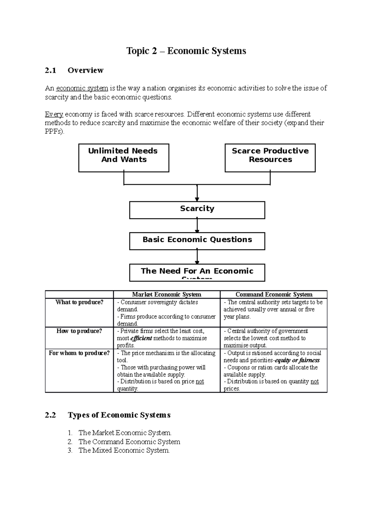 Workbook Economic Systems - Topic 2 – Economic Systems 2 Overview An ...