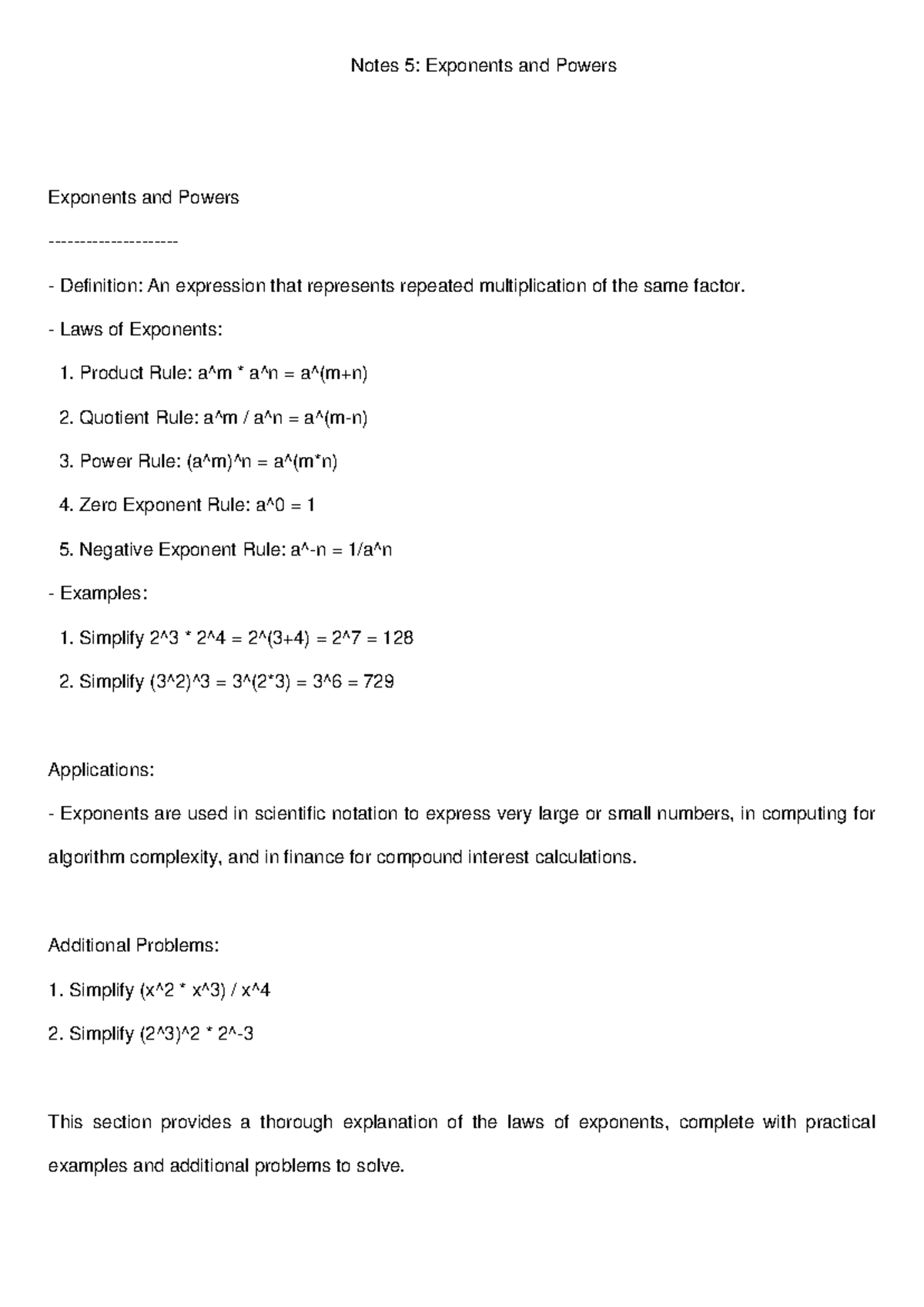 Notes 5 Exponents and Powers - Notes 5: Exponents and Powers Exponents ...