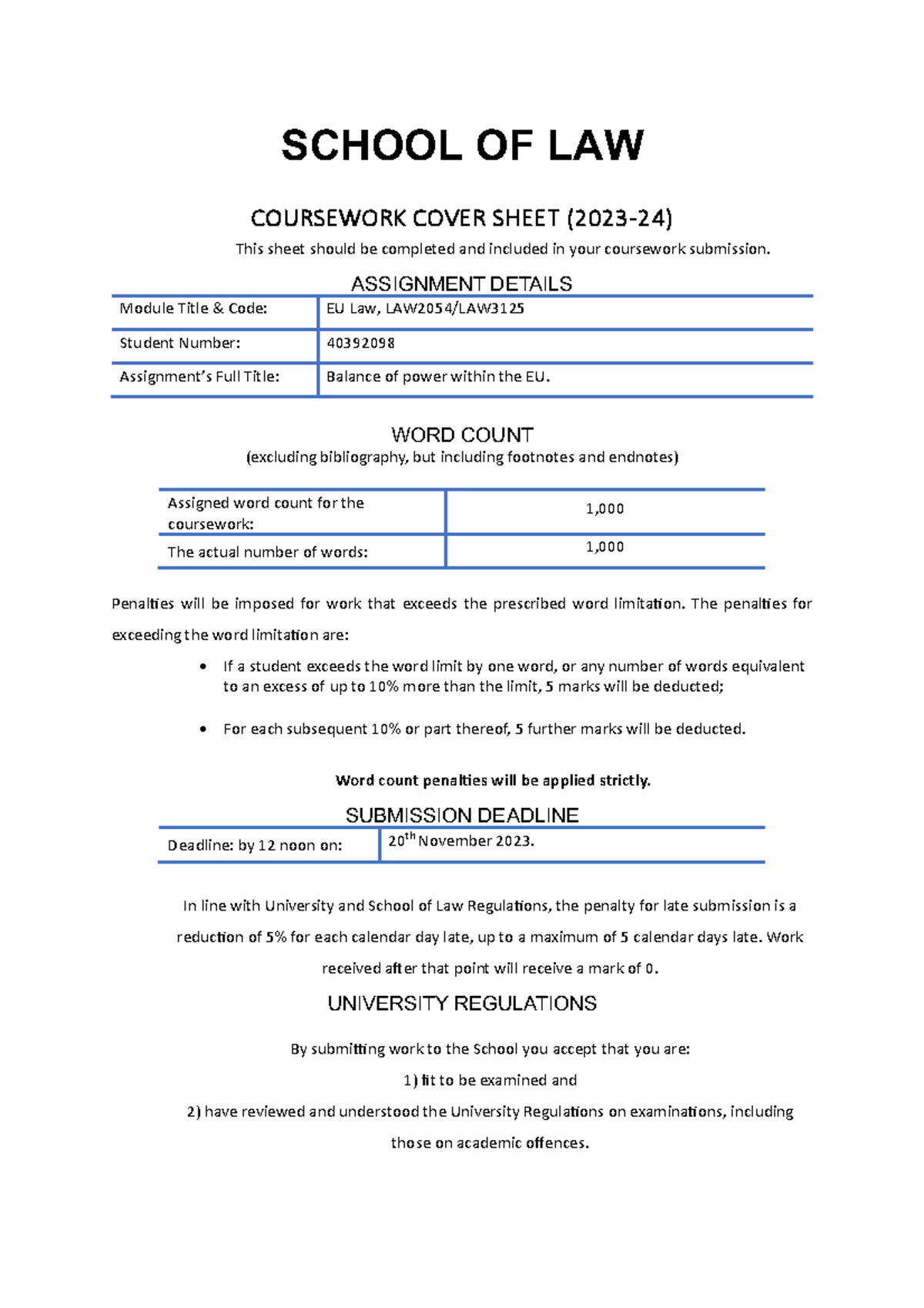 Final EU Law mini essay coursework - SCHOOL OF LAW COURSEWORK COVER ...