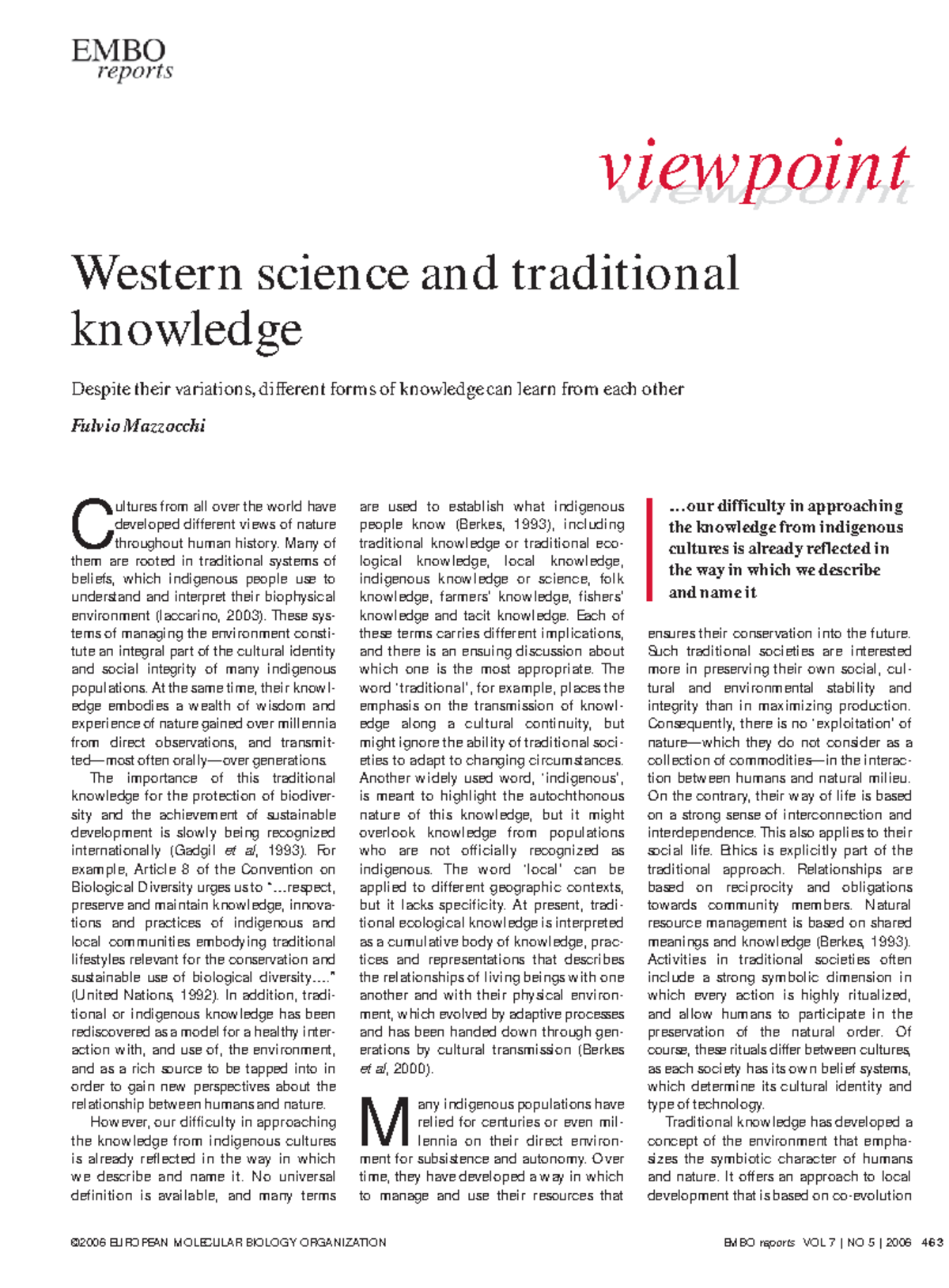 Western science and traditional knowledge - viewpoint ©2006 EUROPEAN ...