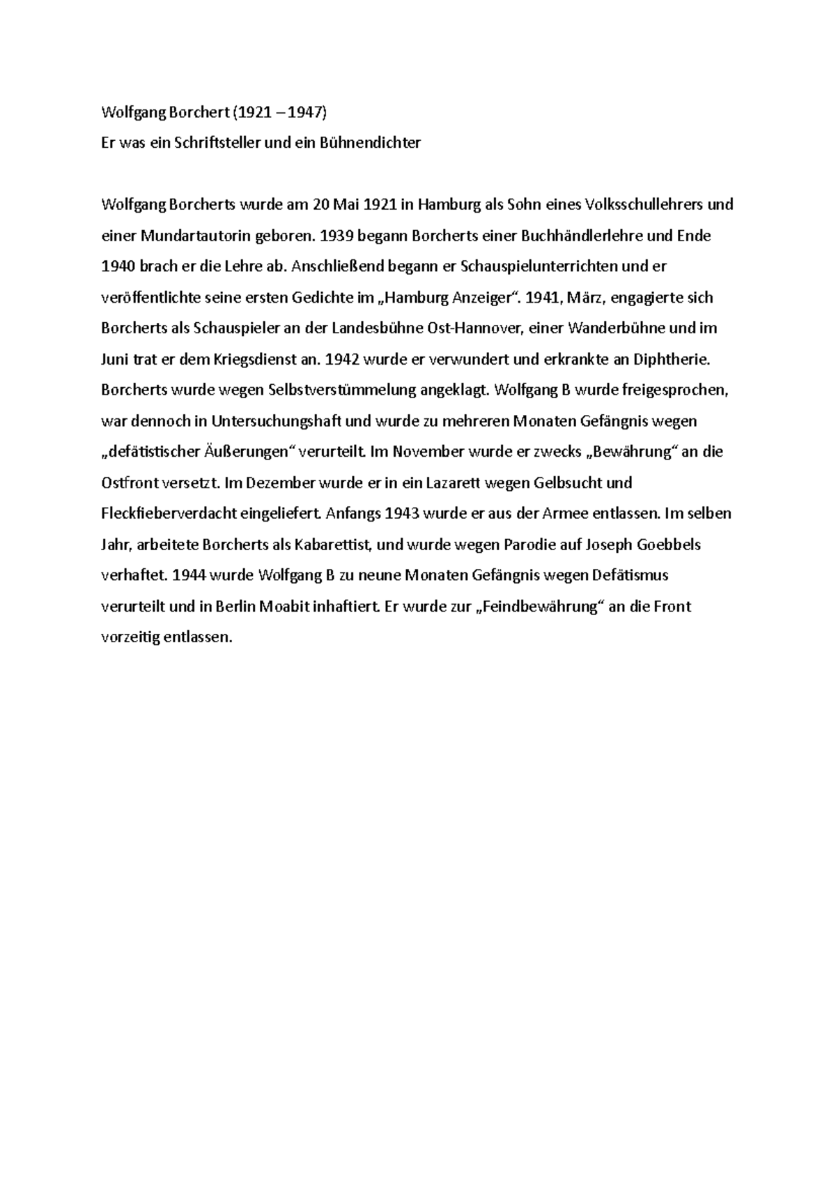 Wolfgang Borchert - Grammar on biography - Wolfgang Borchert (1921 ...