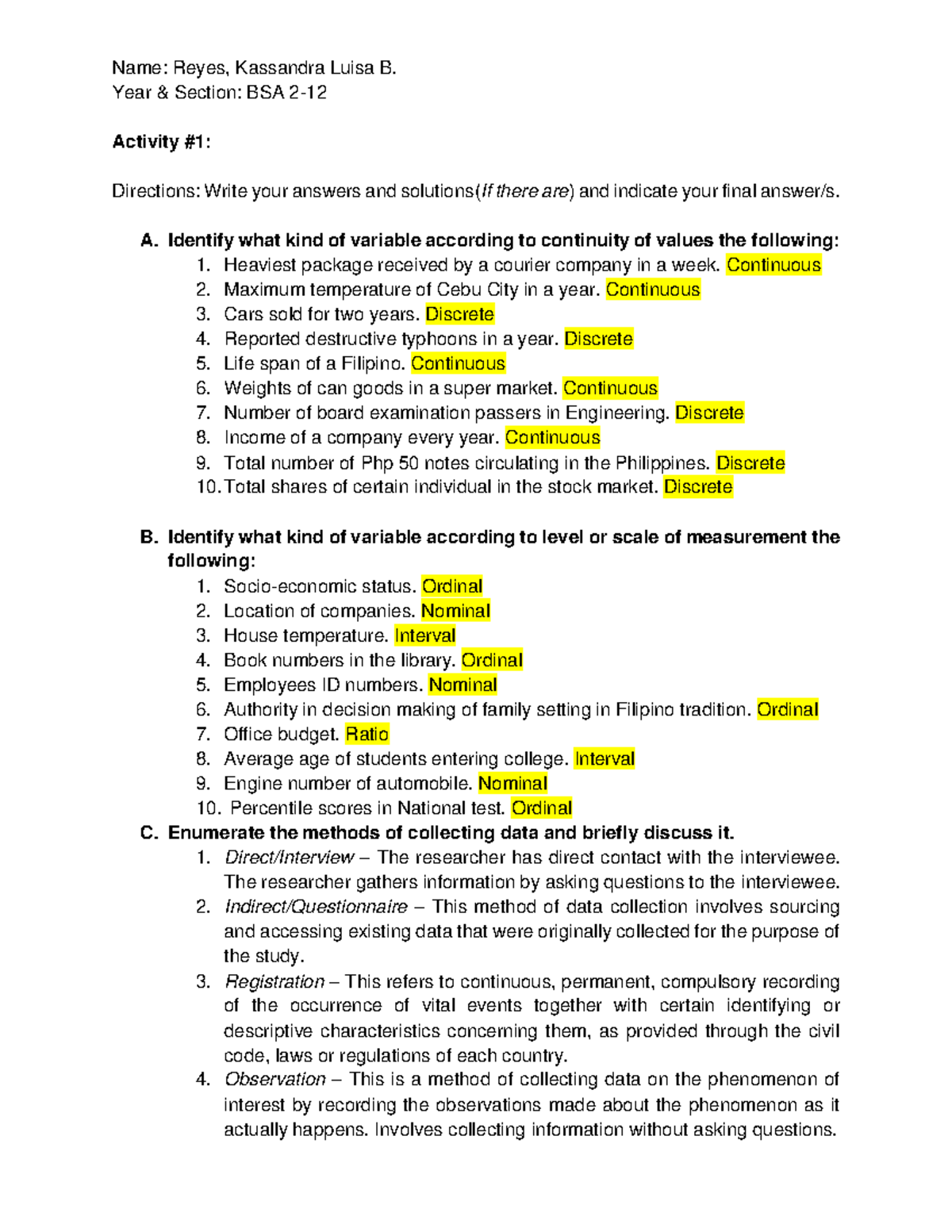 Stats Assignment 1 - Name: Reyes, Kassandra Luisa B. Year & Section ...