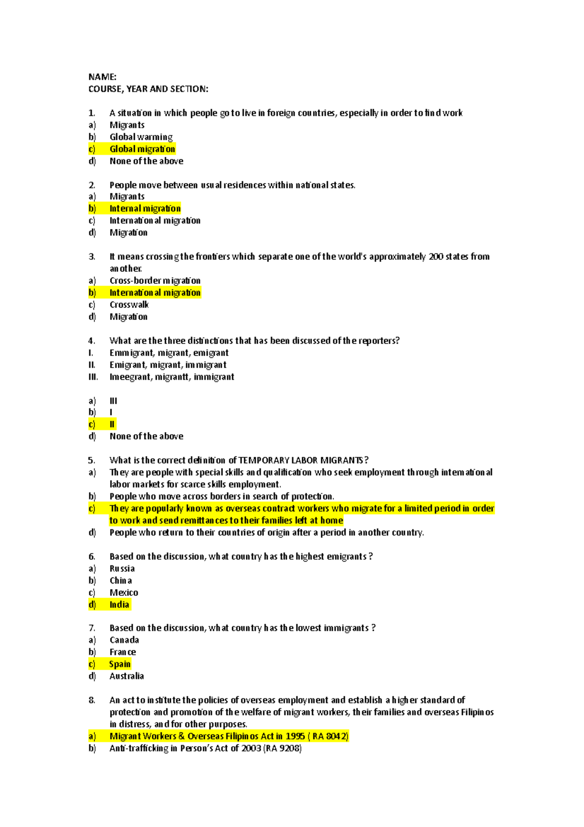 Questions with multiple choice - NAME: COURSE, YEAR AND SECTION: A ...