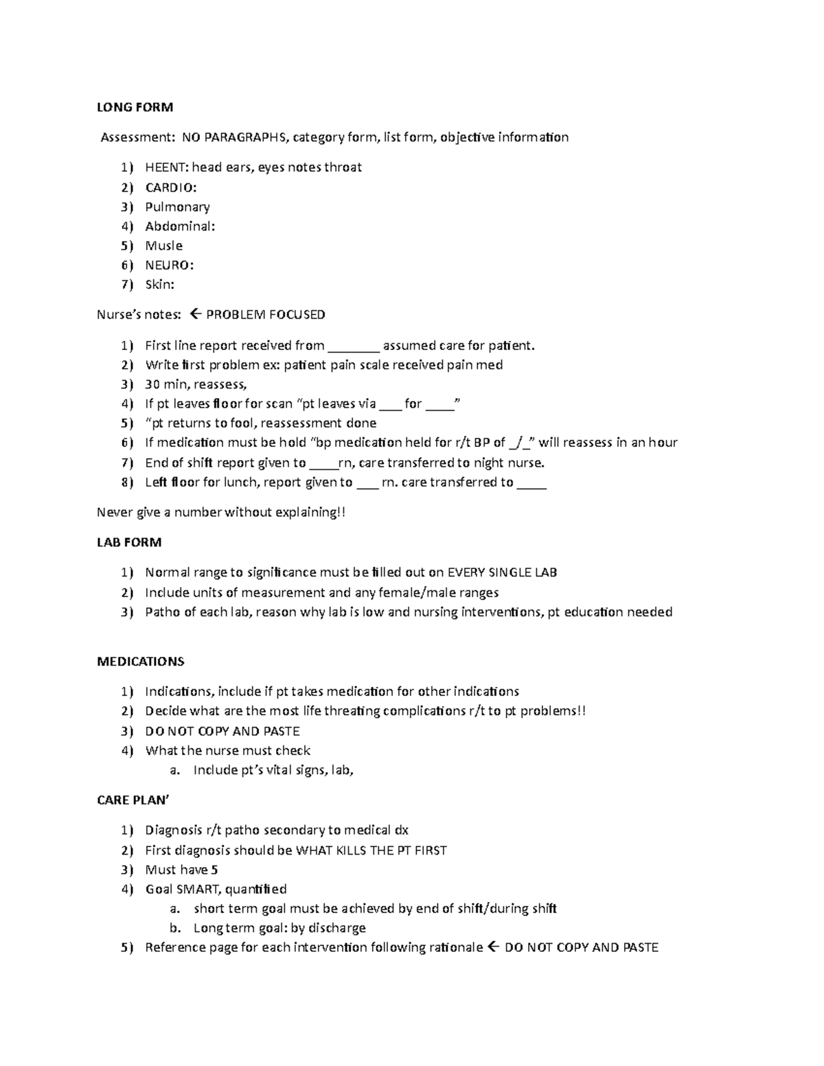 Clinical Expectations - LONG FORM Assessment: NO PARAGRAPHS, category ...