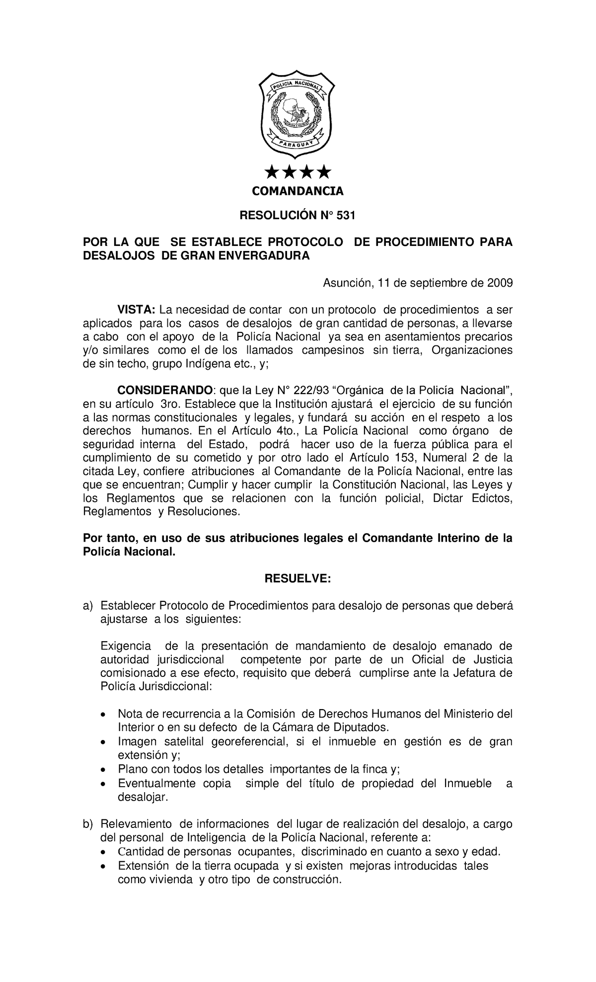 Resolución N° 531 POR LA QUE SE Establece Protocolo DE Procedimiento PARA Desalojos DE GRAN ...
