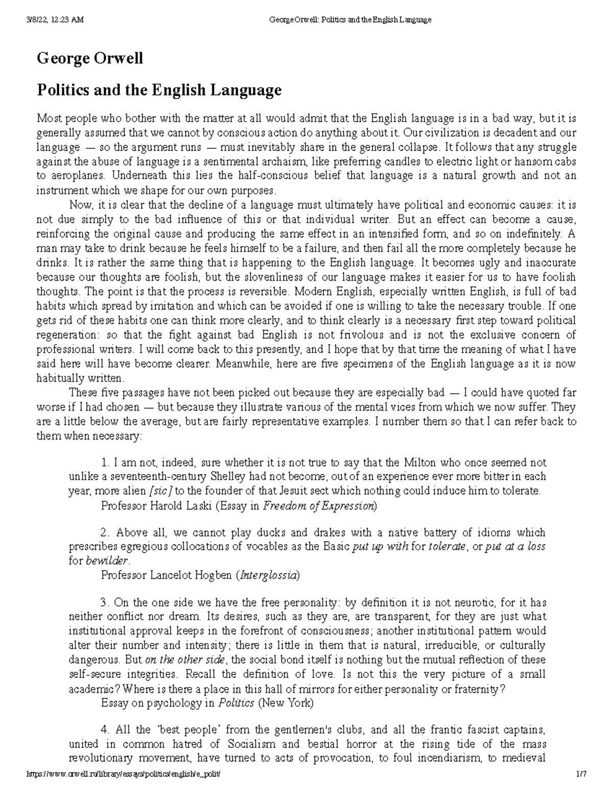 George Orwell Politics and the English Language - George Orwell ...