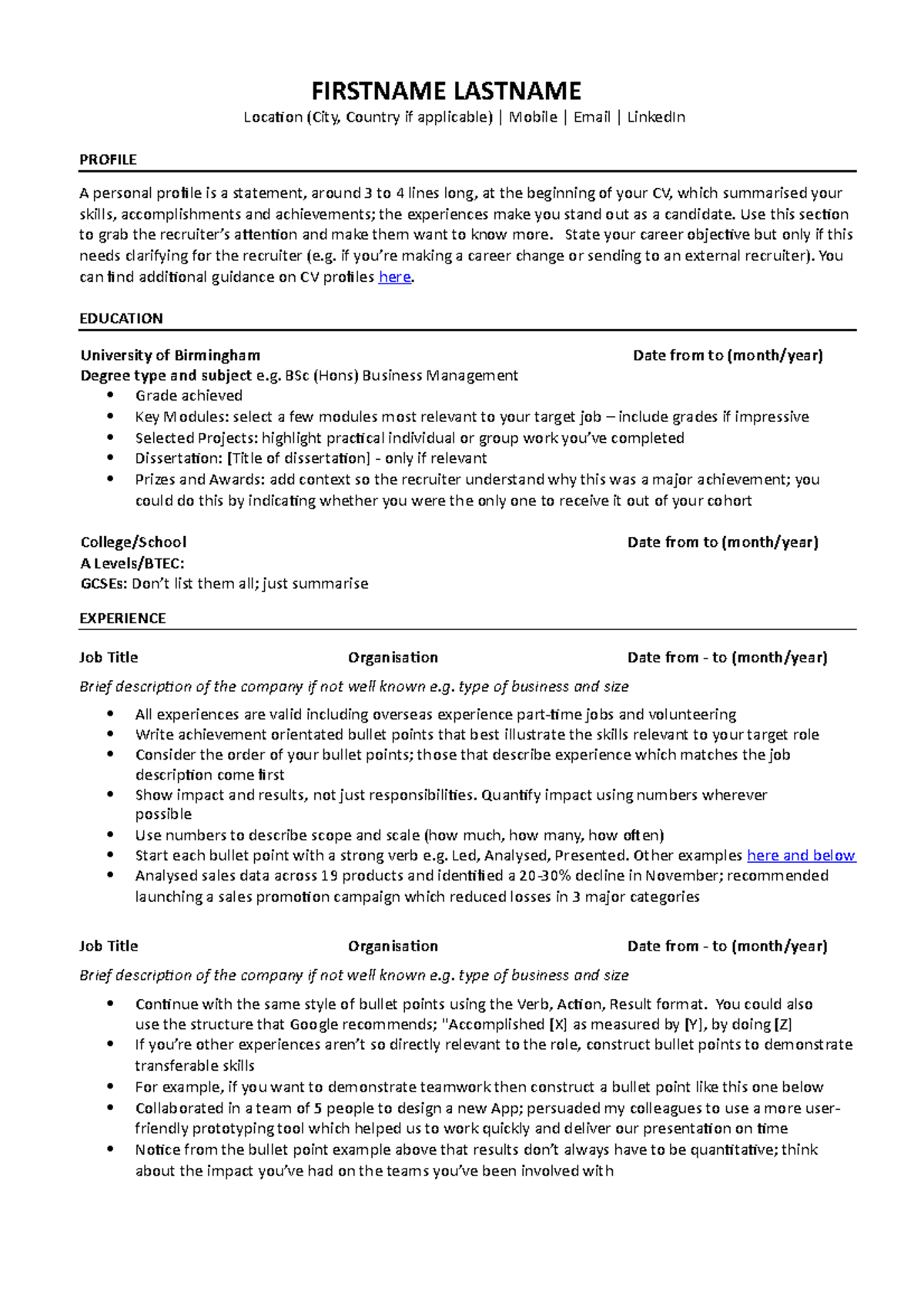 Uo B UG CV Template 2022 - Copy - FIRSTNAME LASTNAME Location (City ...
