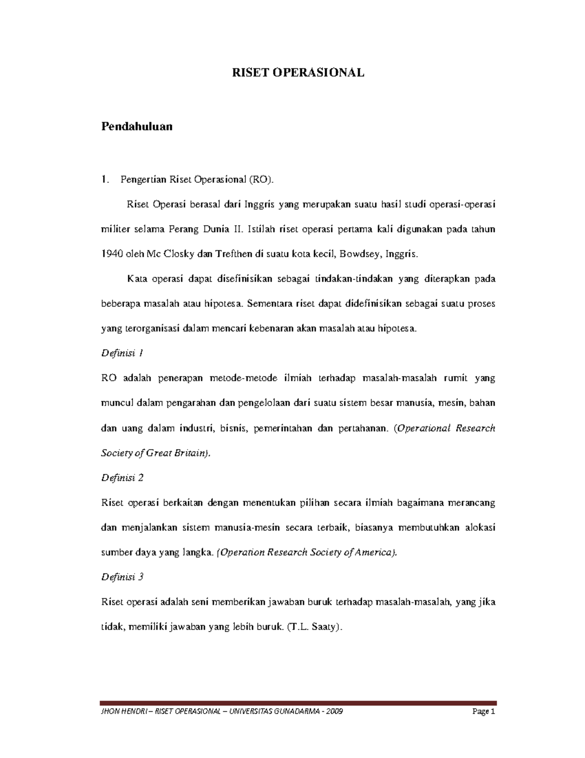 Pendahuluan - Riset Operasional - RISET OPERASIONAL Pendahuluan ...