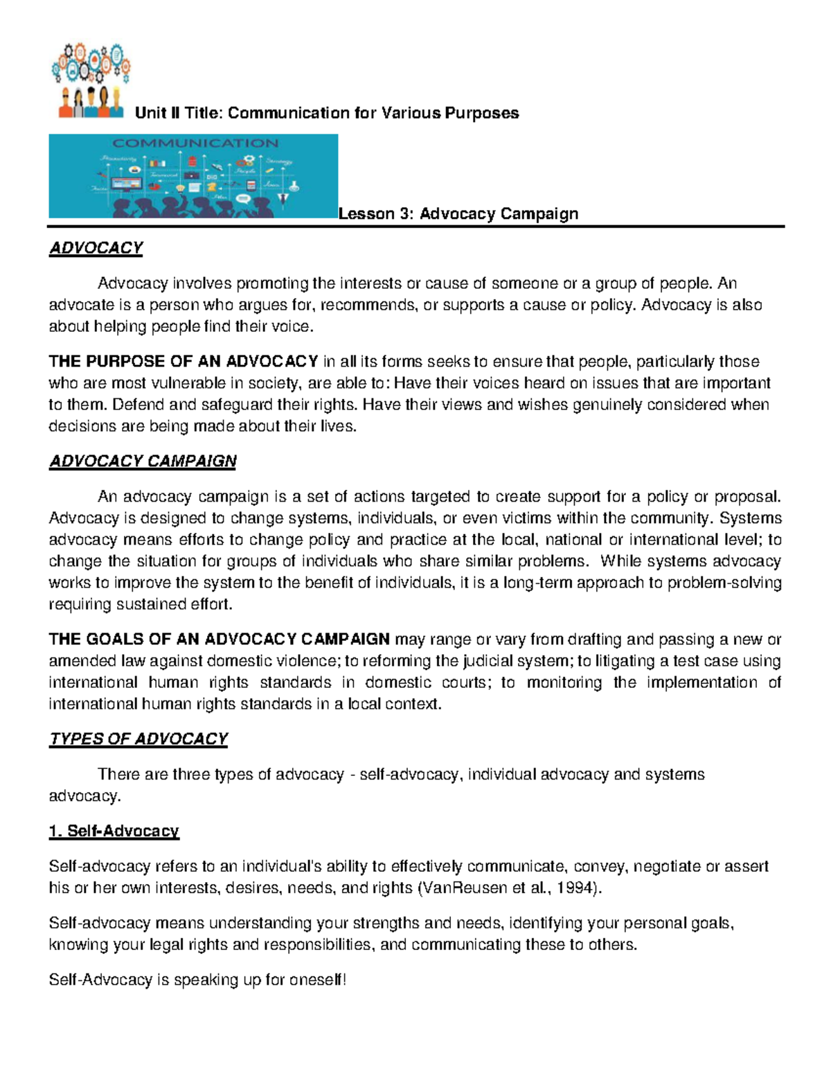 Lesson 3 Advocacy Campaign - Unit II Title: Communication for Various ...