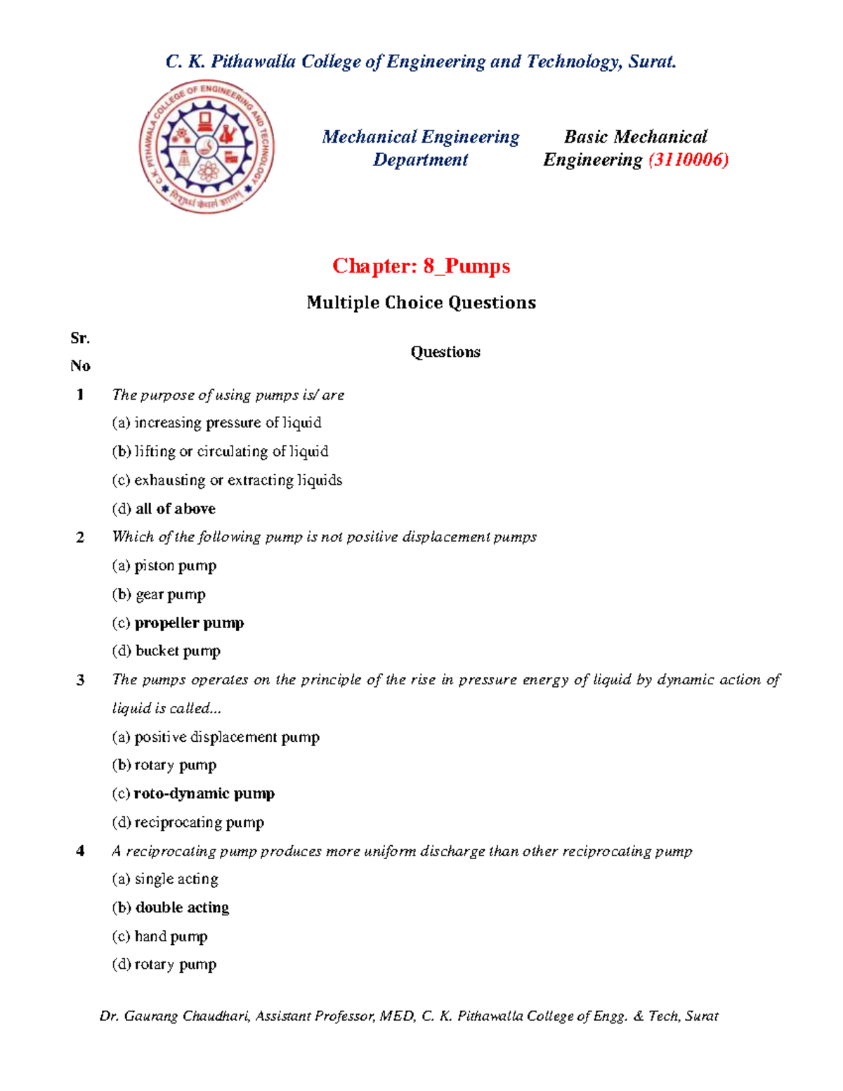 Chapter 8 Pumps - Basic Mechanical Engineering [BME] subject Practice meterials. - Mechanical ...
