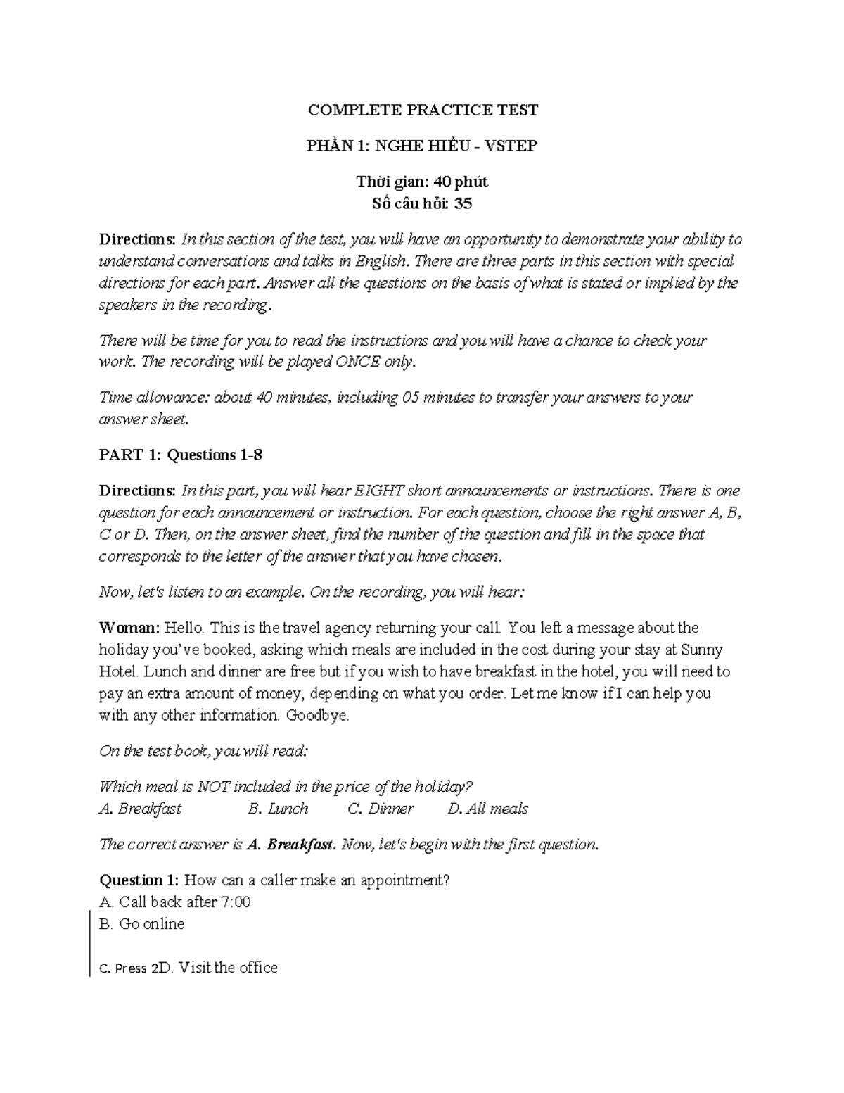 Listening TEST-student - COMPLETE PRACTICE TEST PHẦN 1: NGHE HIỂU ...