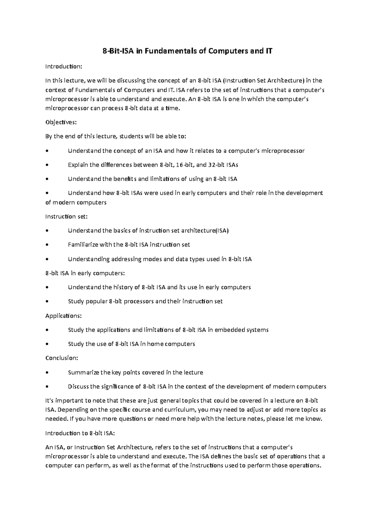 8 Bit-ISA - 8 Bit-ISA - 8-Bit-ISA in Fundamentals of Computers and IT Introduction: In this ...