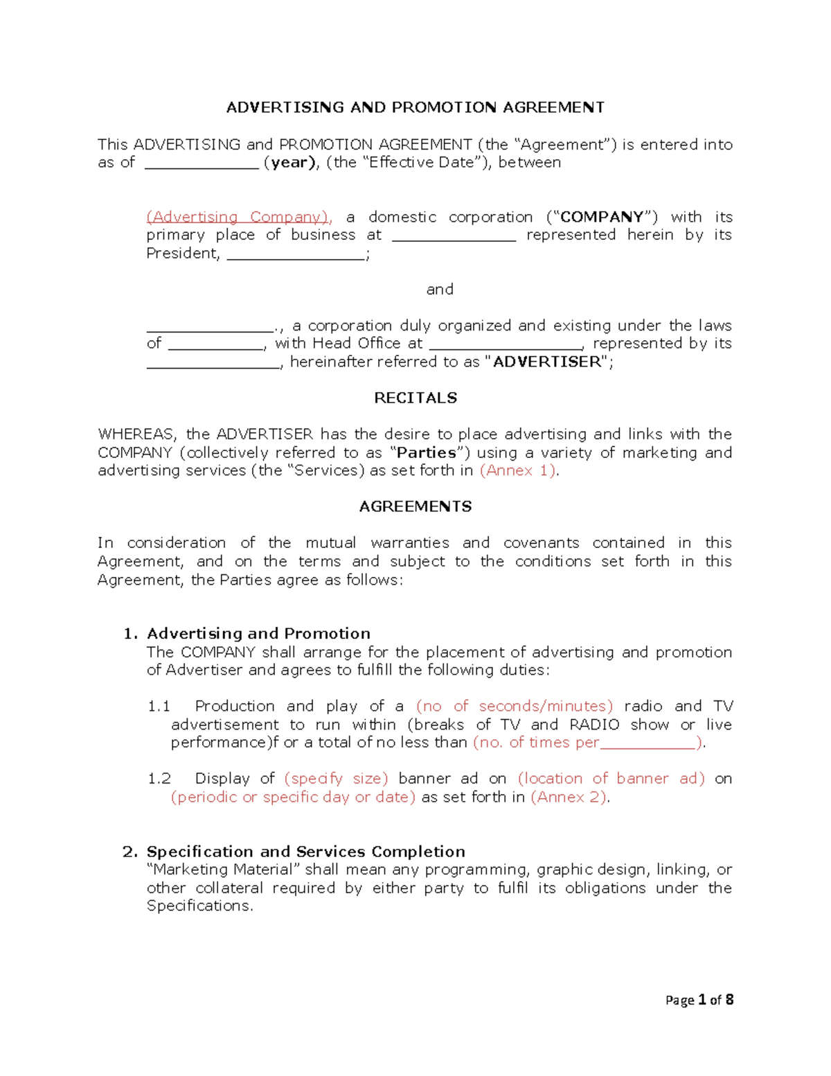 My Legal Whiz - Advertising and Promotions Agreement - ADVERTISING AND ...
