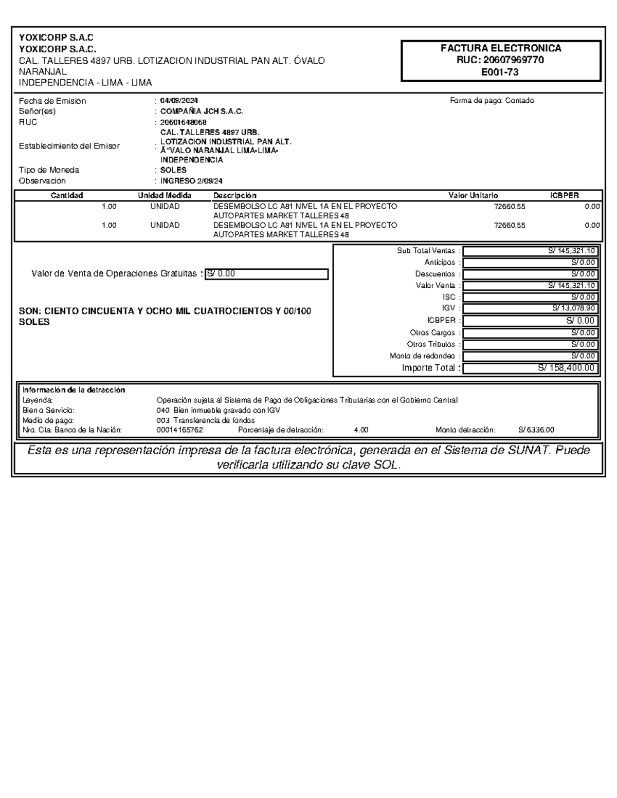 PDF-DOC-E00 1-7320607969770 - YOXICORP S.A YOXICORP S.A. CAL. TALLERES 4897 URB. LOTIZACION ...