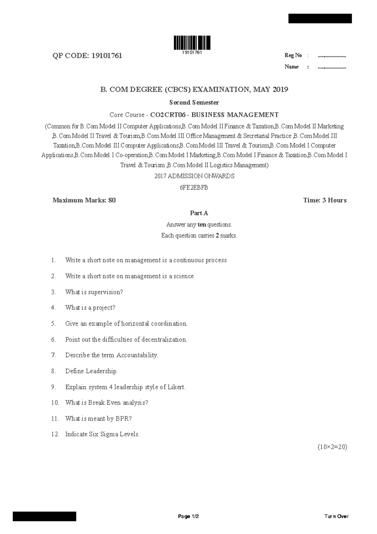 BM 19 - Notes - QP CODE: 19101761 Reg No : ..................... Name