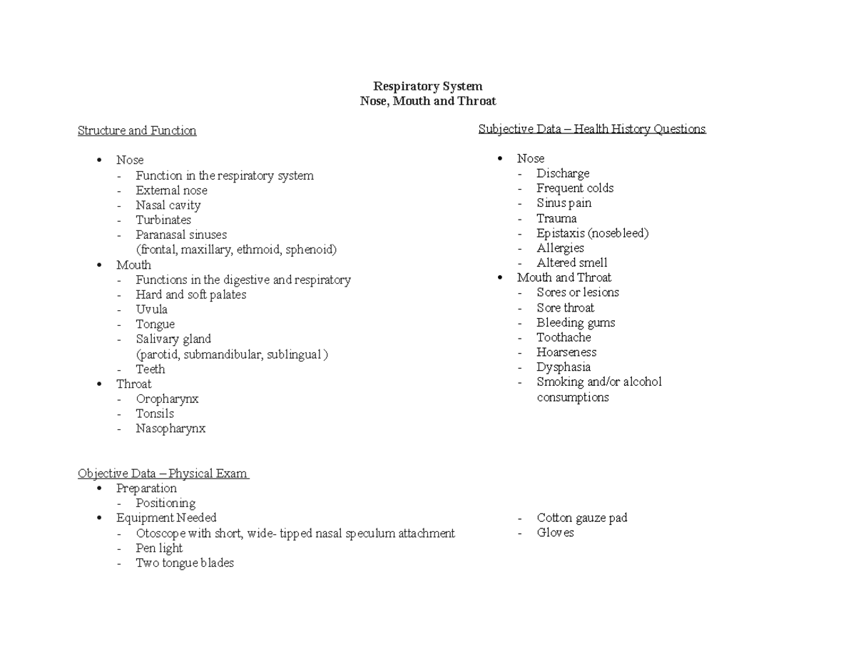 Respiratory System - Respiratory System Nose, Mouth and Throat ...