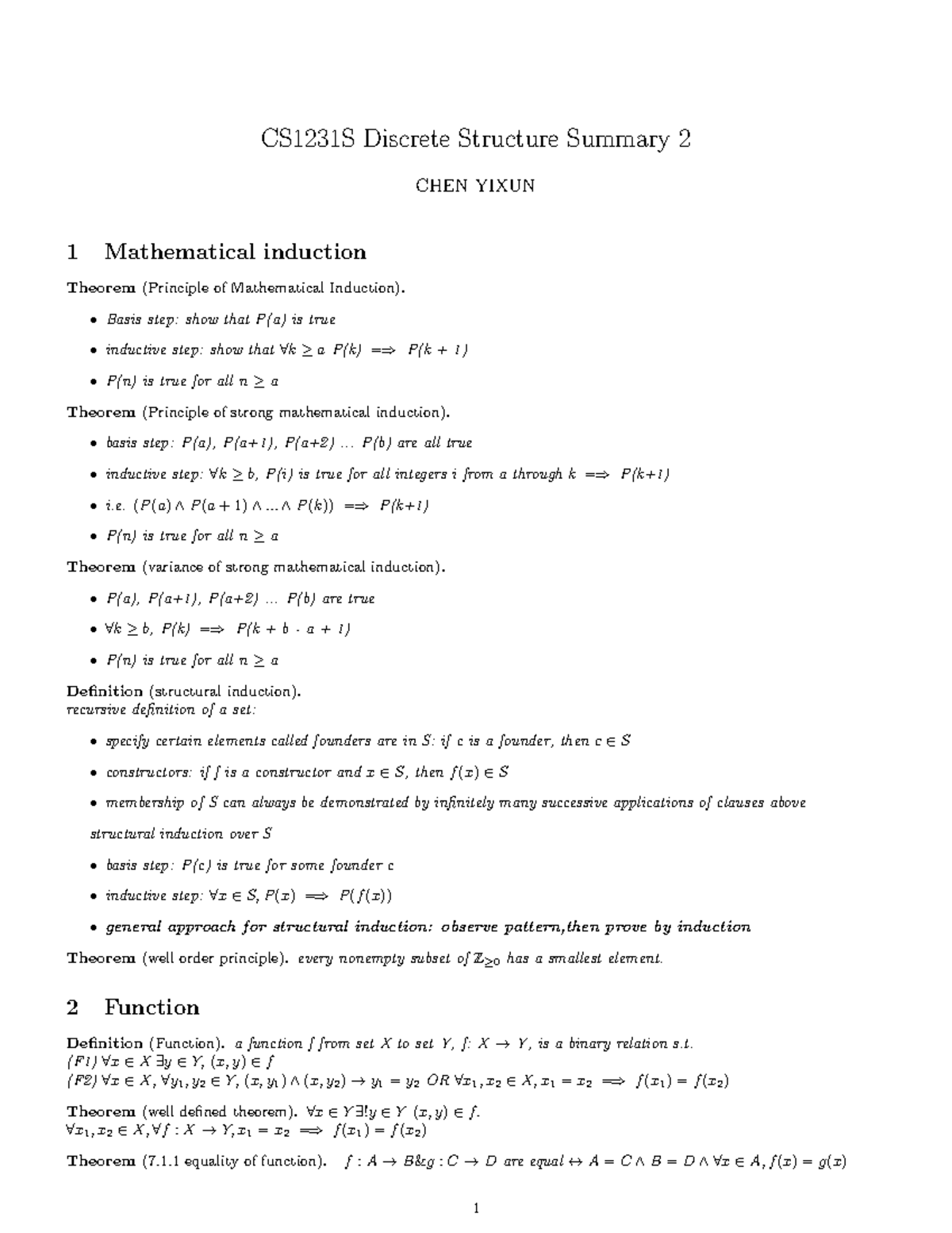 CS1231S summary 2 version 1 - CS1231S Discrete Structure Summary 2 CHEN YIXUN 1 Mathematical ...