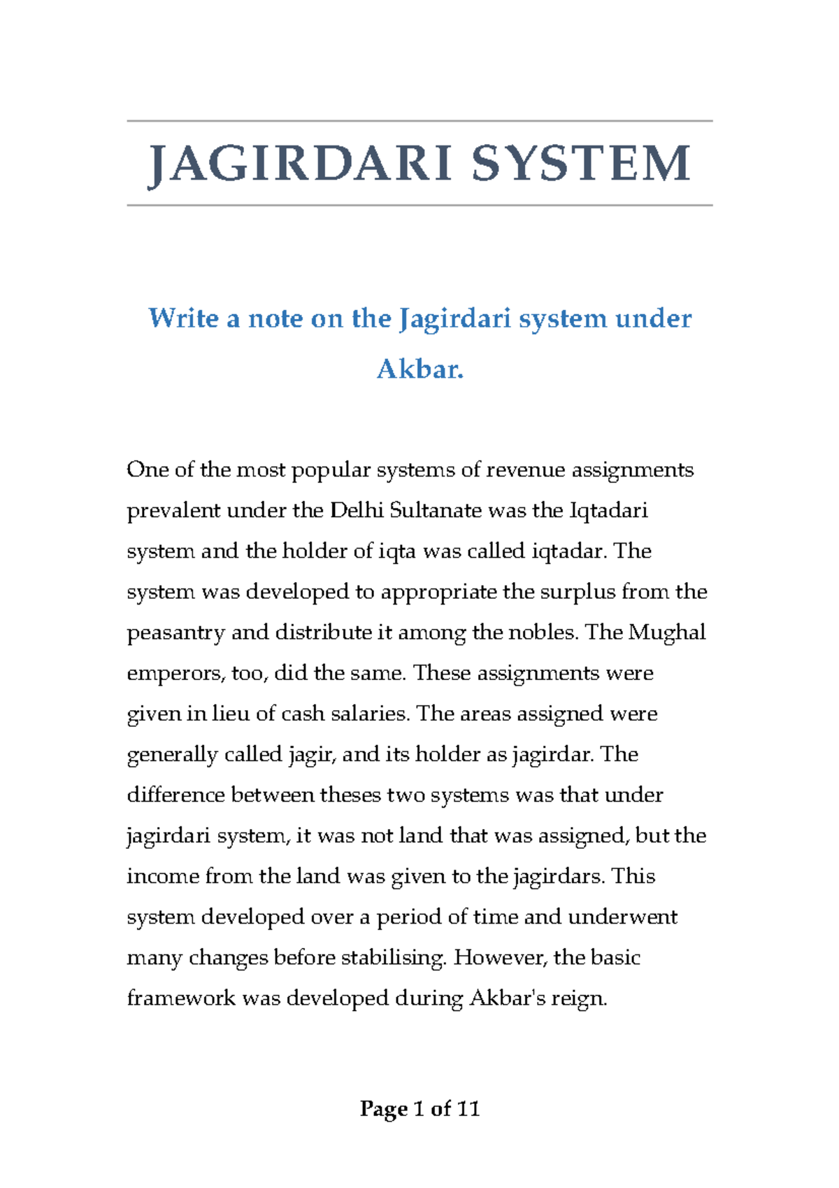 Jagirdari System - dfaree - JAGI RDARI SYSTEM Write a note on the ...