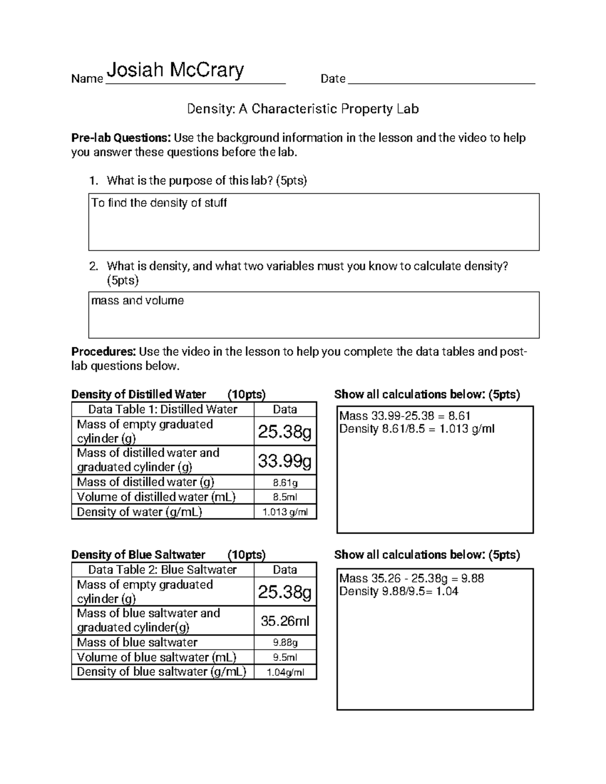 Density+Lab+Student+Handout+v2023 - Name Date Density: A Characteristic ...