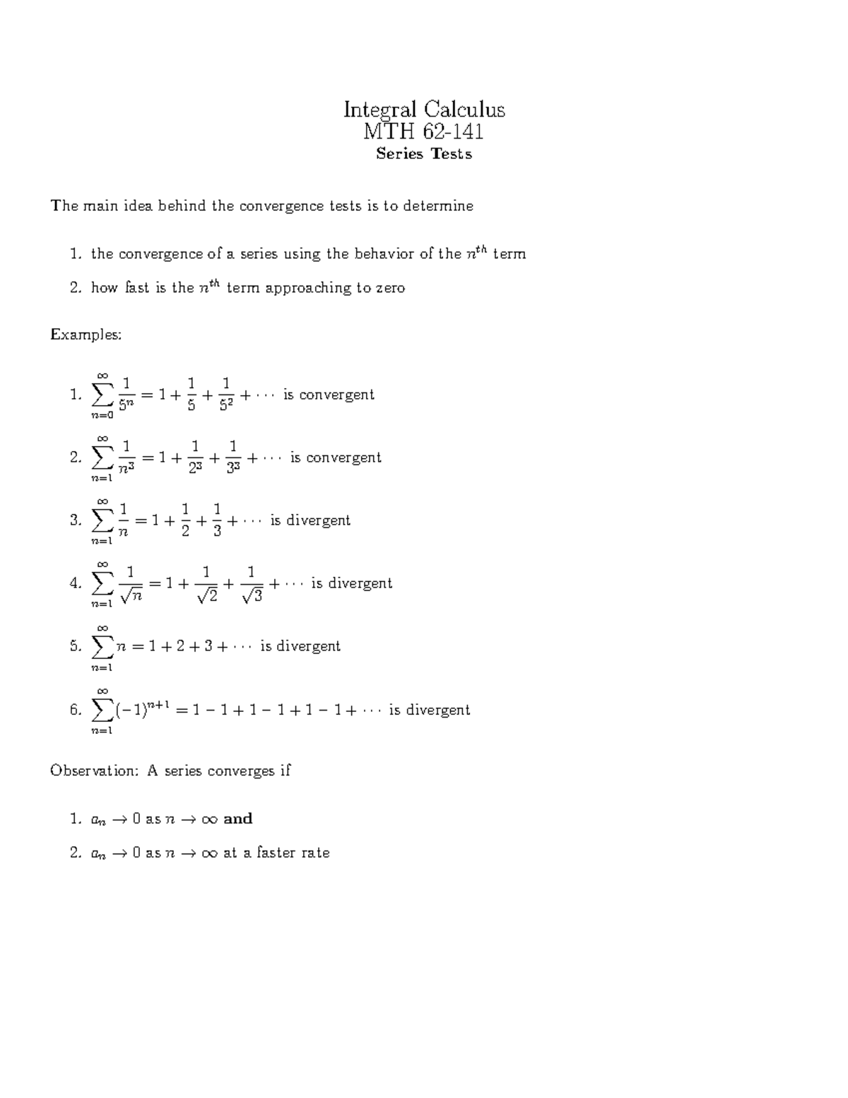 Series Tests(Modified) - Integral Calculus MTH 62- Series Tests The ...