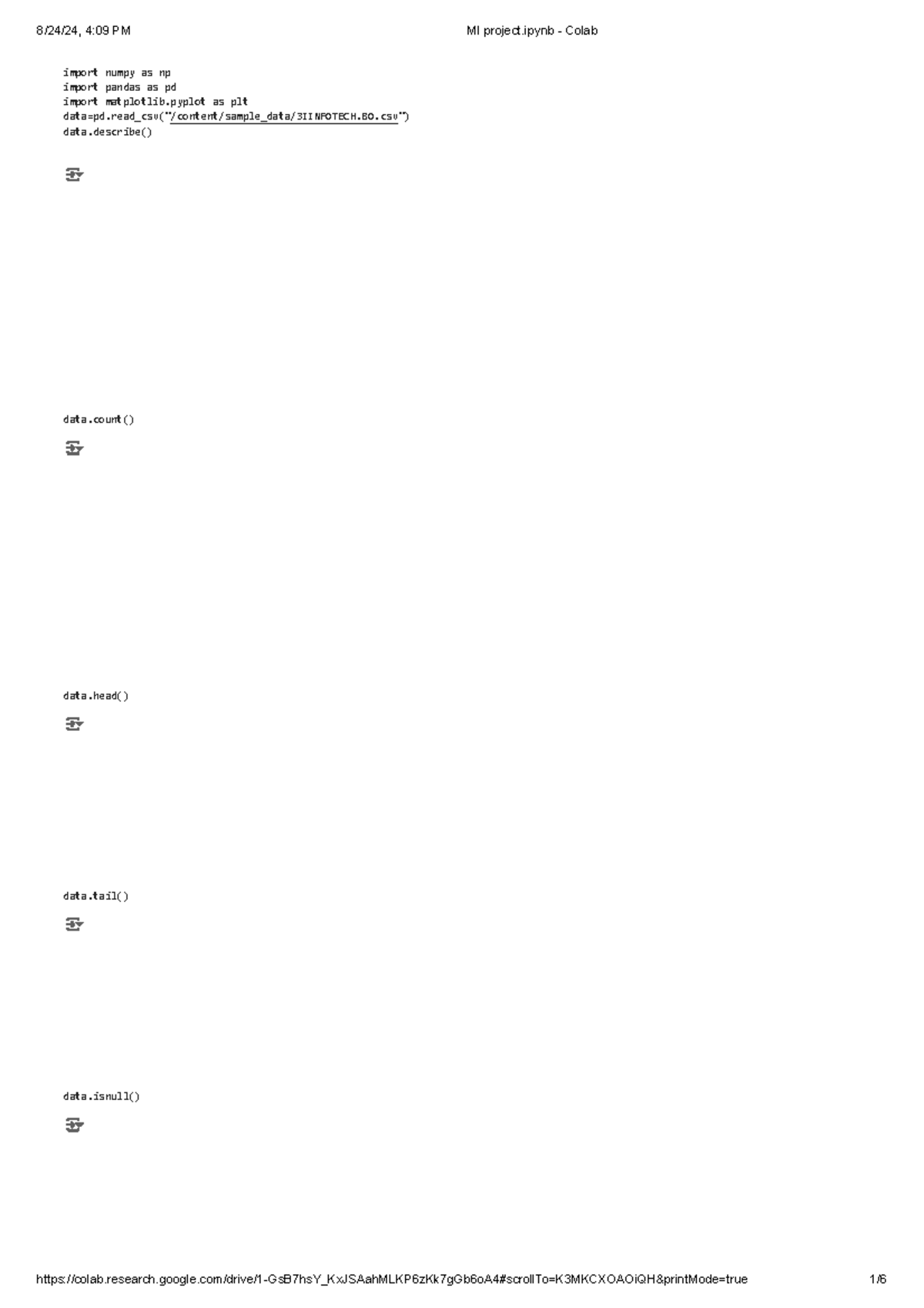Ml project.ipynb - Colab - import numpy as np import pandas as pd import matplotlib as plt - Studocu