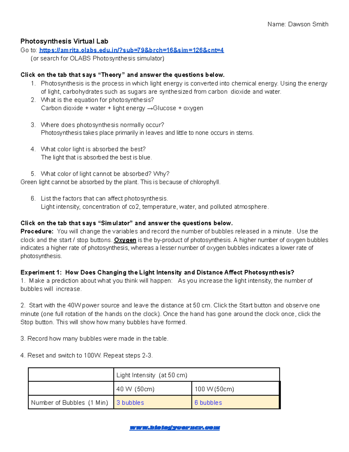 Dawson Smith - Photosynthesis Virtual Lab - Name: Dawson Smith ...