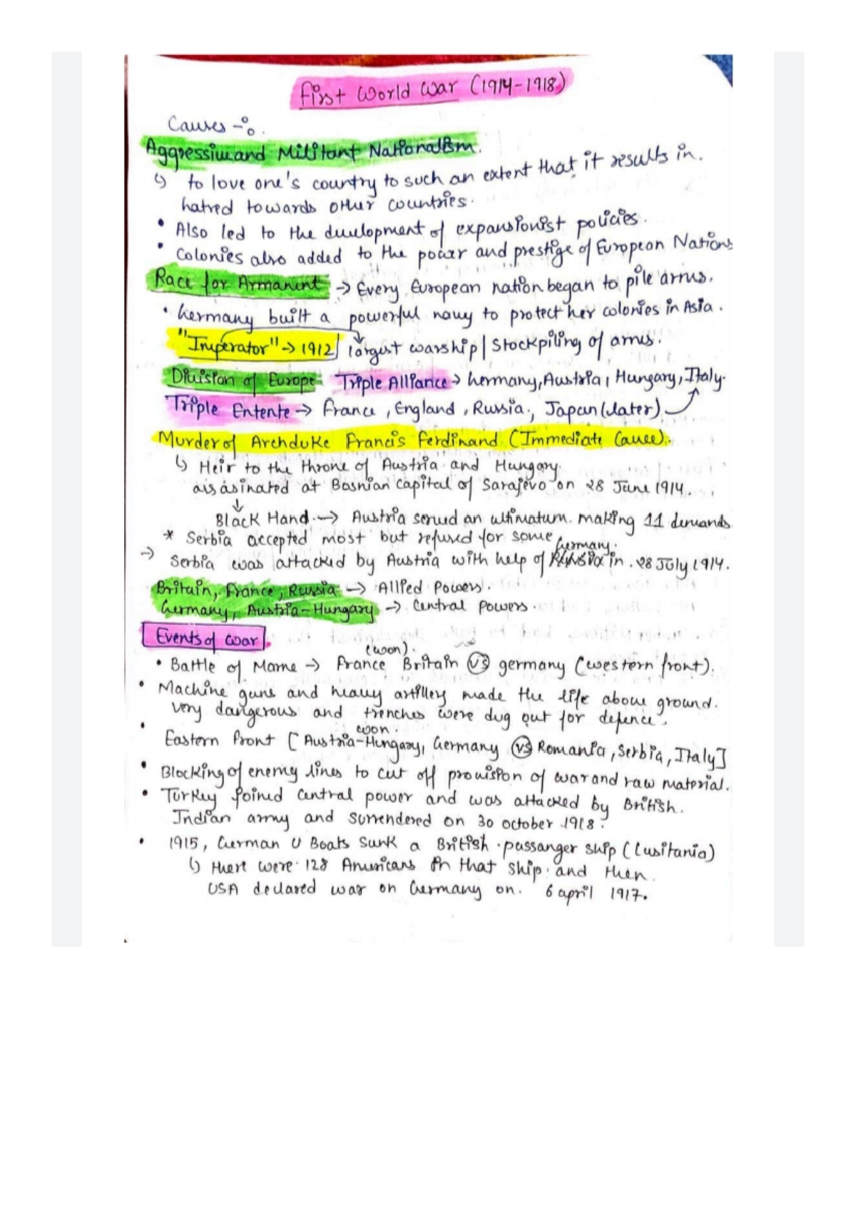 First world War Notes - B.A History - Studocu